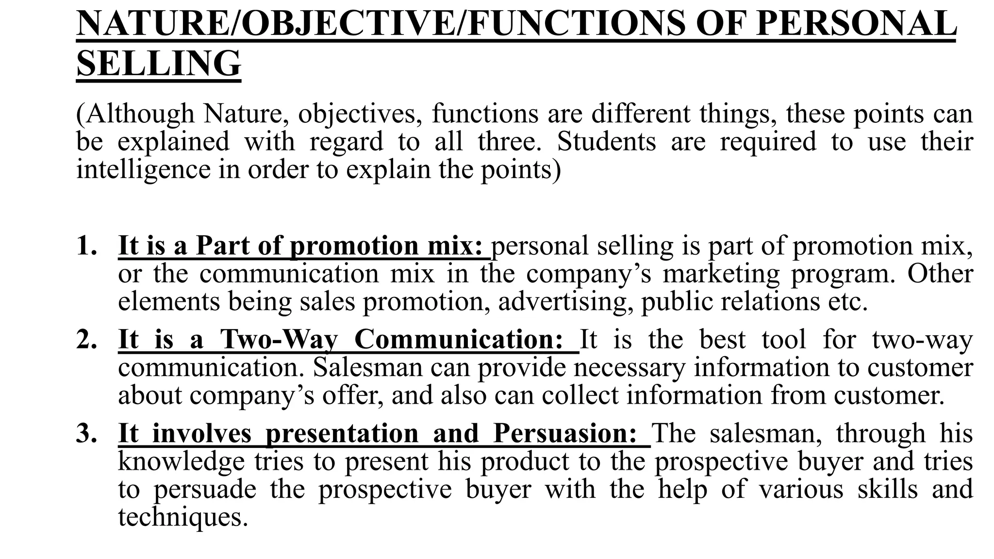 Nature, objectives and functions of Personal selling | PPTX