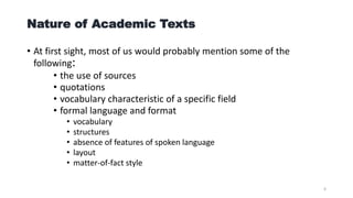 Nature of academic texts | PPTX | Education