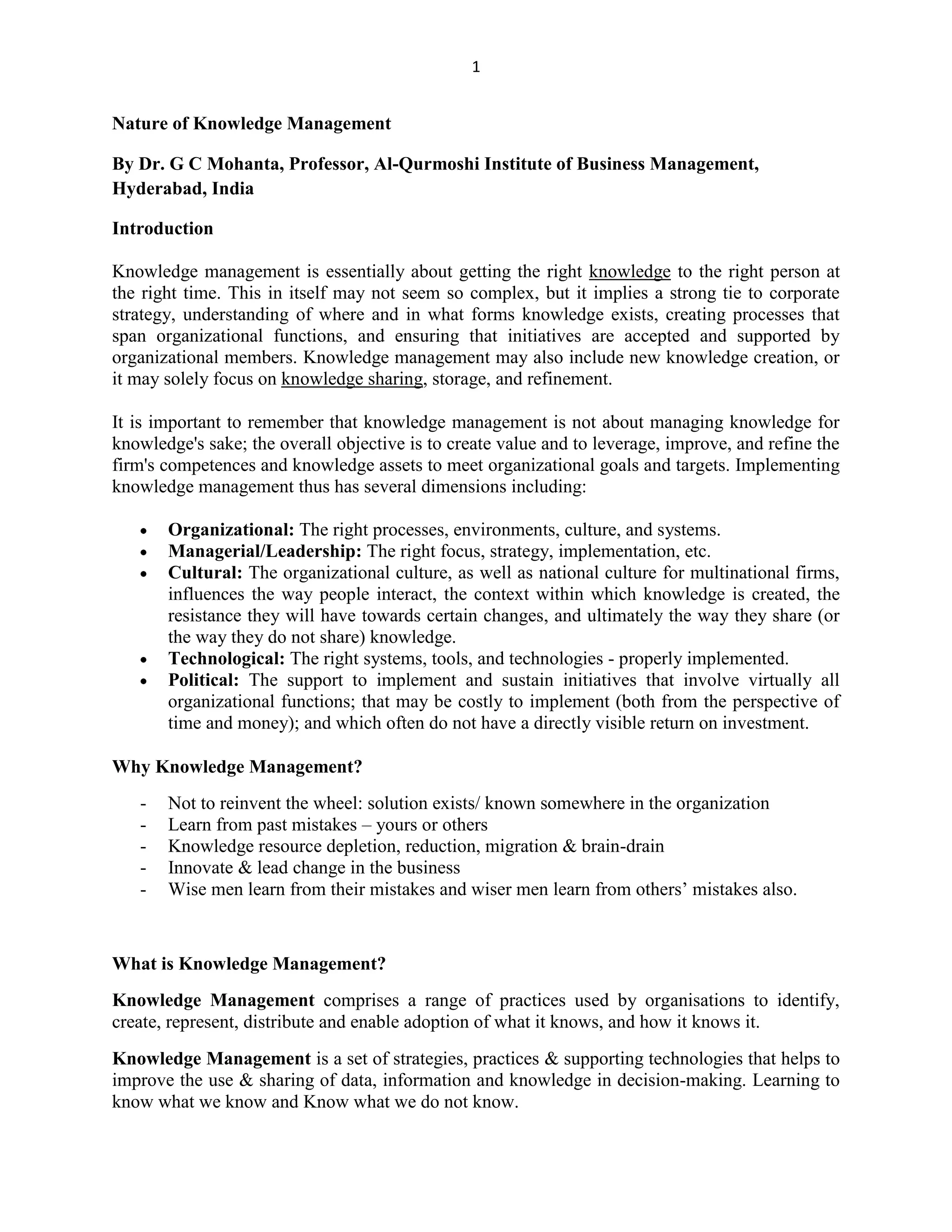 Nature of Knowledge Management, alternative views and types of ...