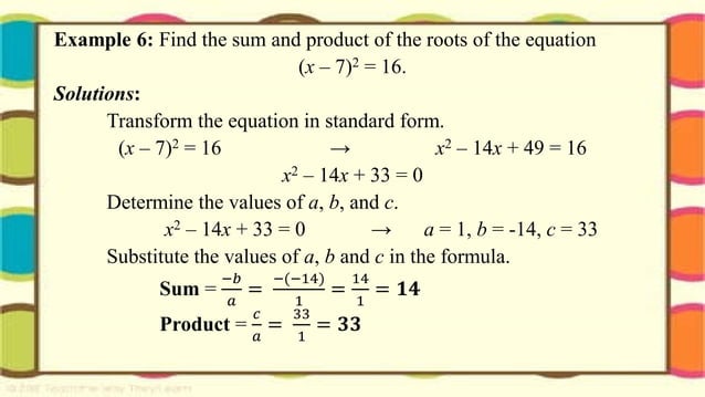 Nature of the roots and sum and product of the roots of a quadratic ...