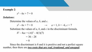 Nature of the roots and sum and product of the roots of a quadratic ...