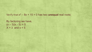 Nature of the roots of a quadratic equation | PPTX