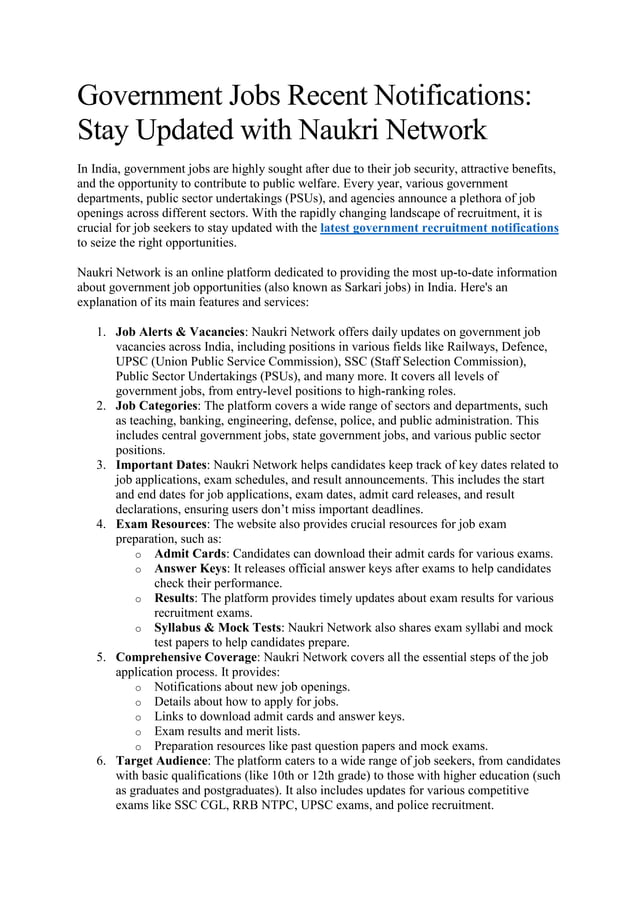 Latest Government Notification: Sarkari Job | Naukri Network | PDF