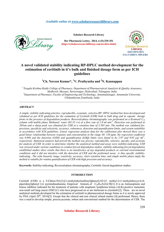 A novel validated stability Indicating RP-HPLC Method Development for the estimation of Certinib ...