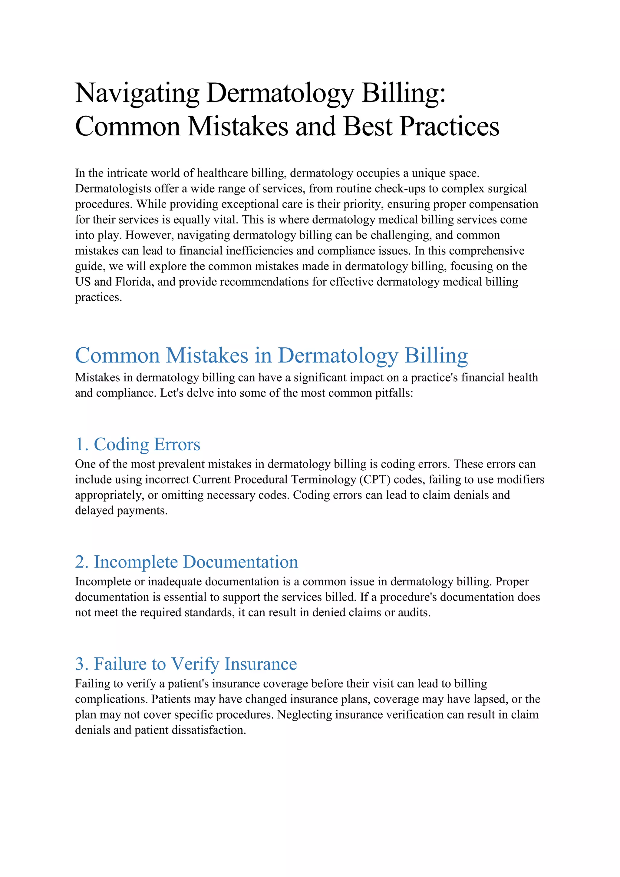 Navigating Dermatology Billing Common Mistakes and Best Practices | PDF