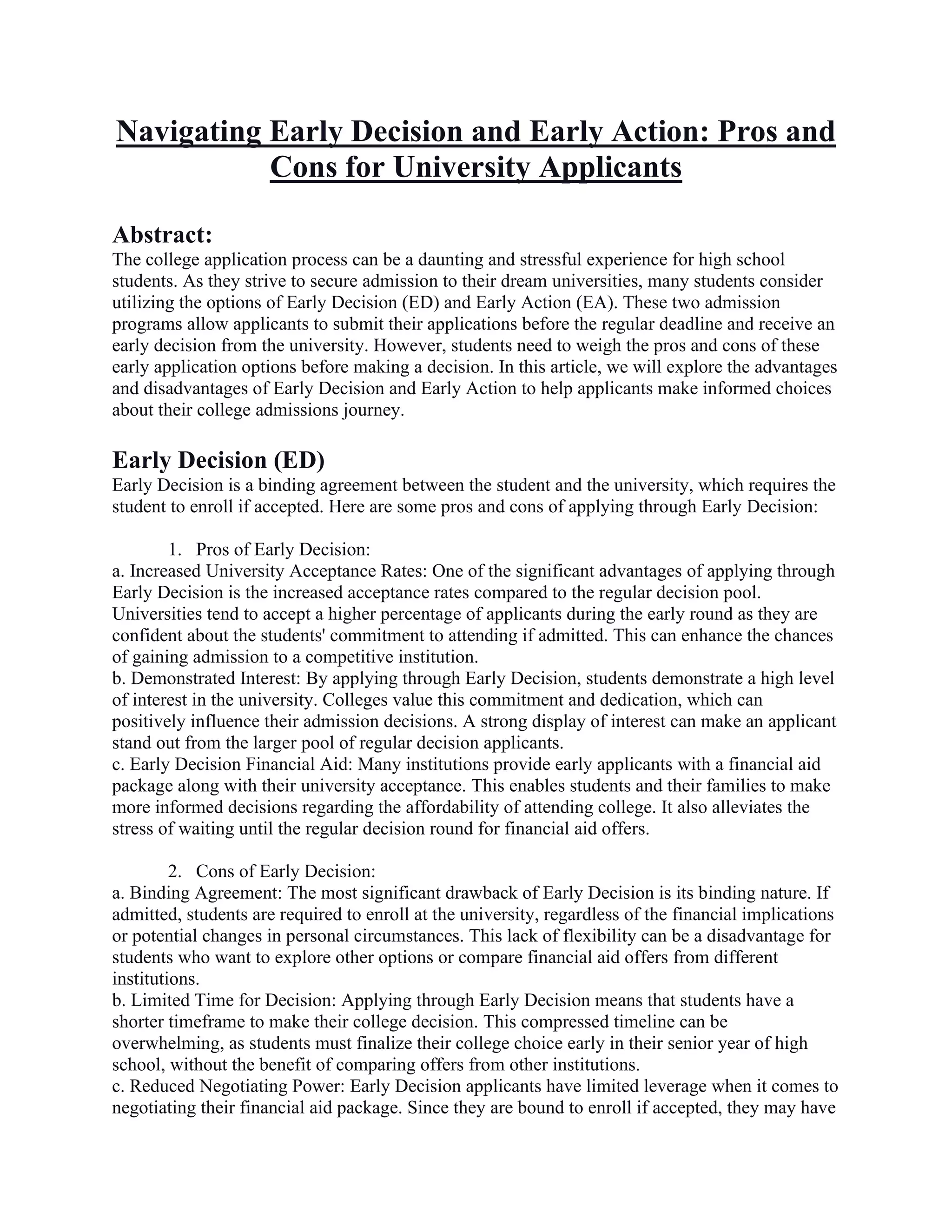 Navigating Early Decision and Early Action: Pros and Cons for ...