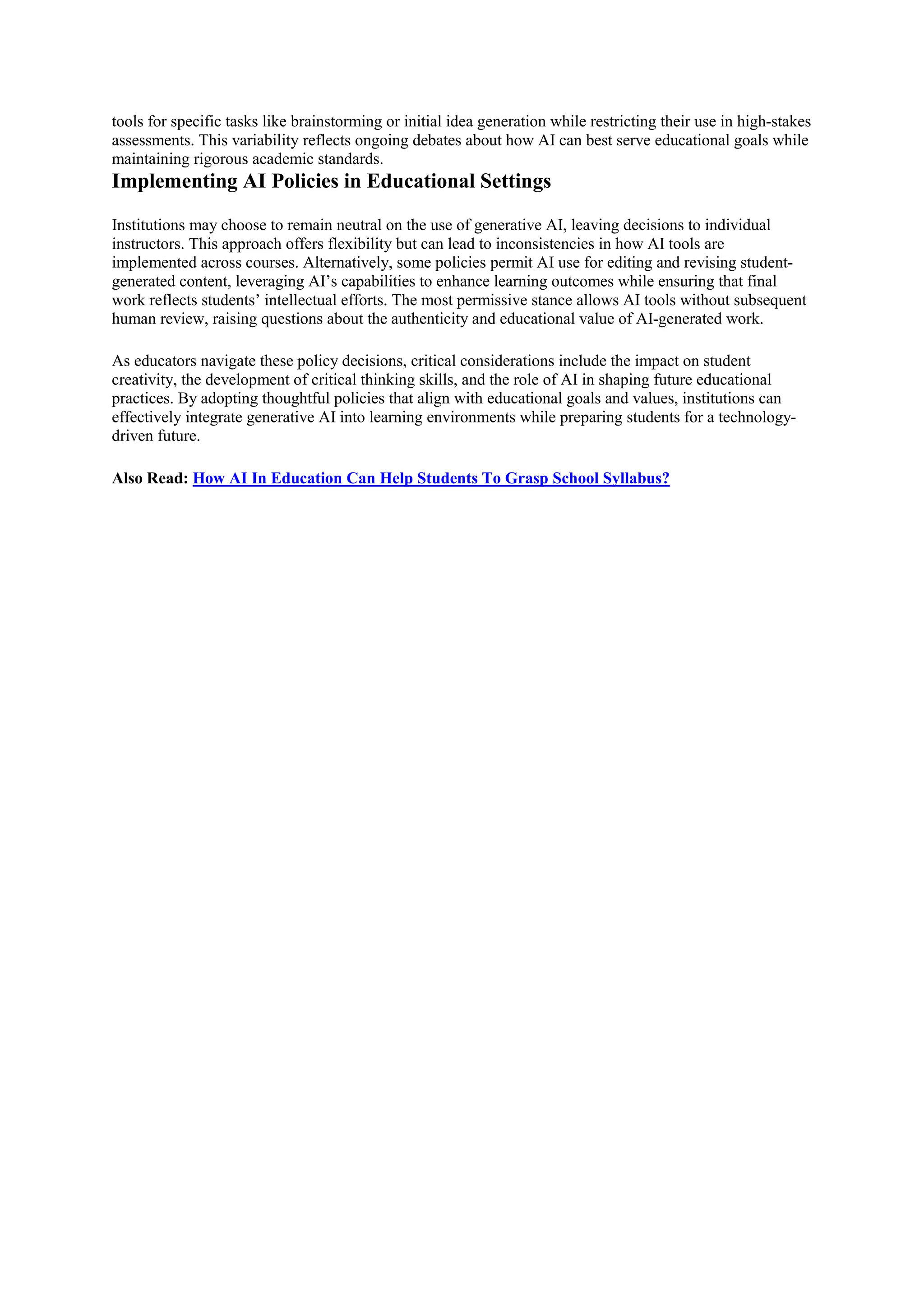 Navigating Generative AI in Education: Policies and Perspectives | PDF