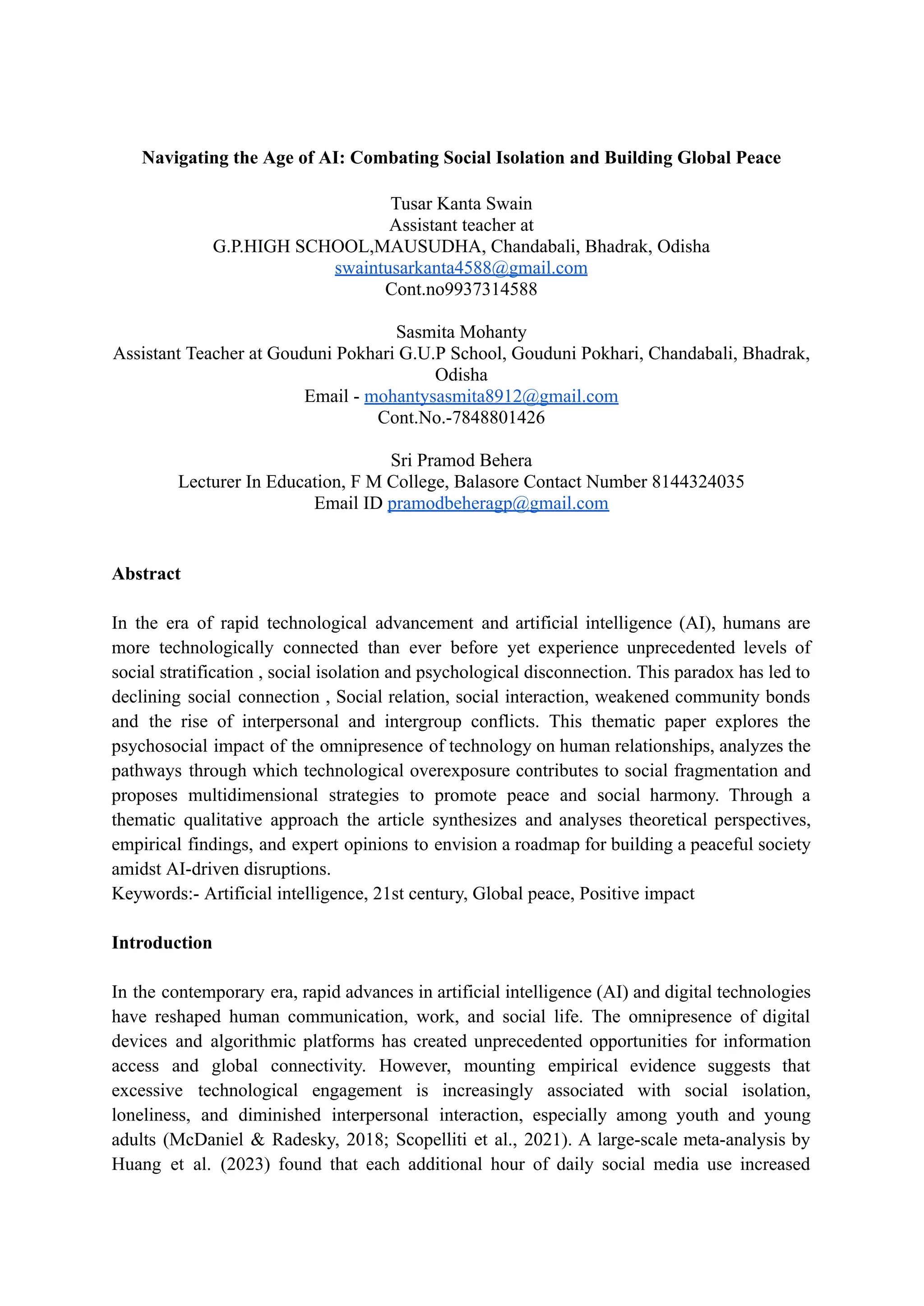 Navigating the Age of AI- Combating Social Isolation and Building ...