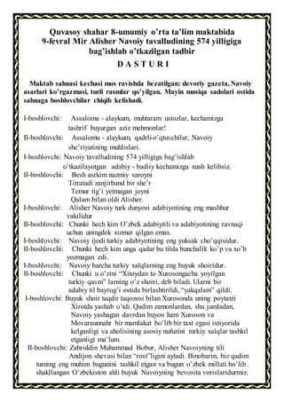 Tadbir: Alisher Navoiy tavalludi tadbiri senariysi | DOCX