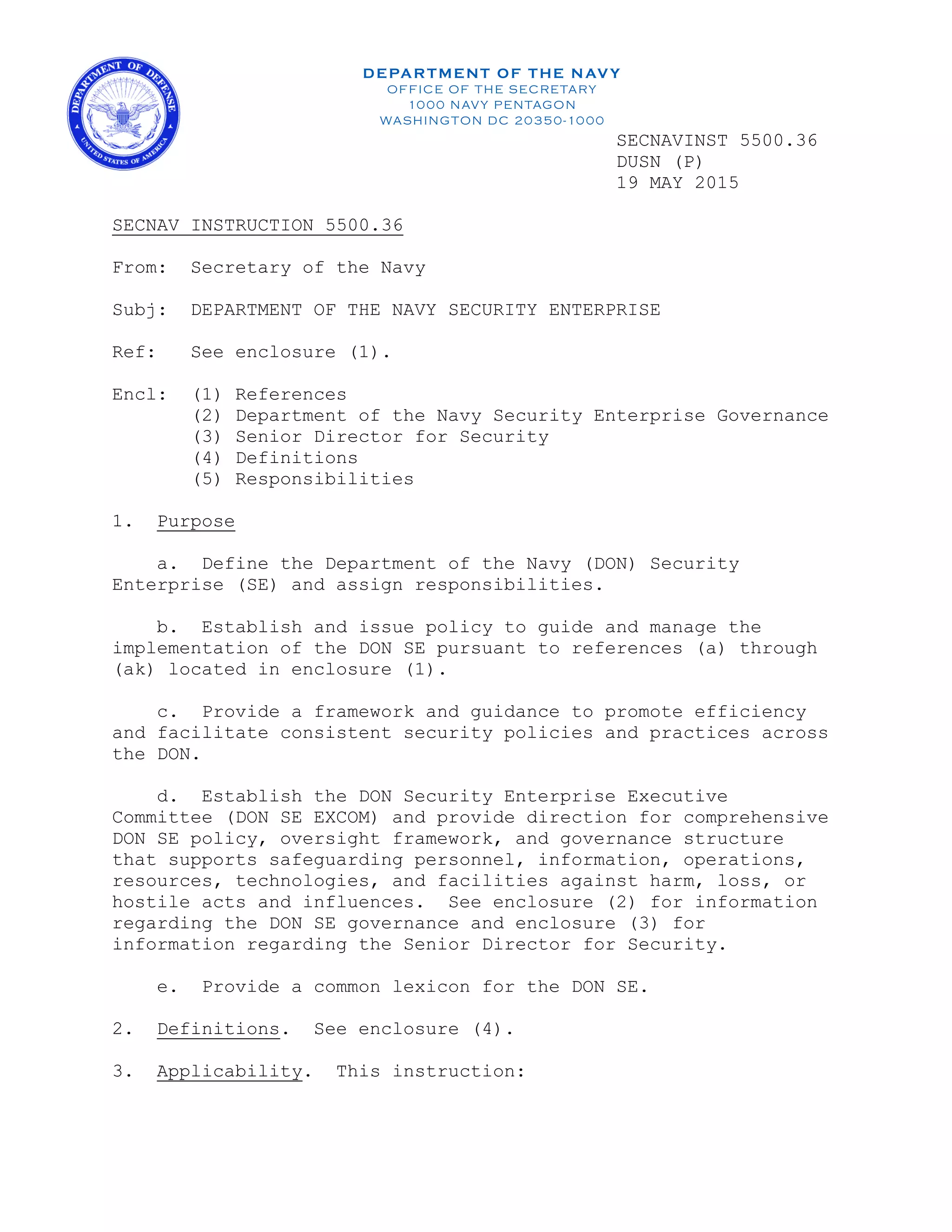 Navy security enterprise secnav 5500-36 | PDF