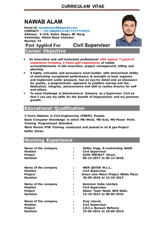 Nawab civil supervisor cv | DOC