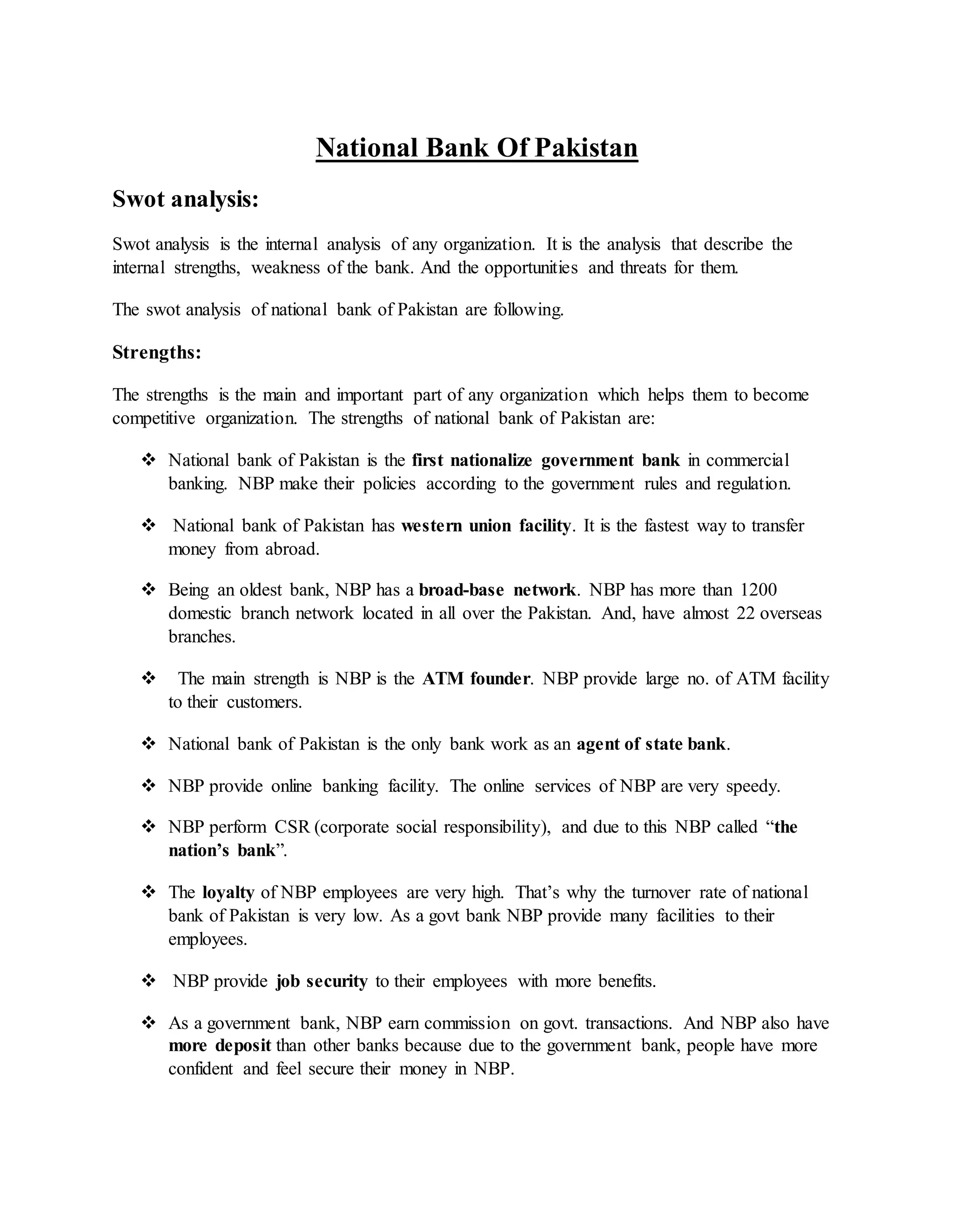 National bank of Pakistan (nbp) swot analysis | DOCX