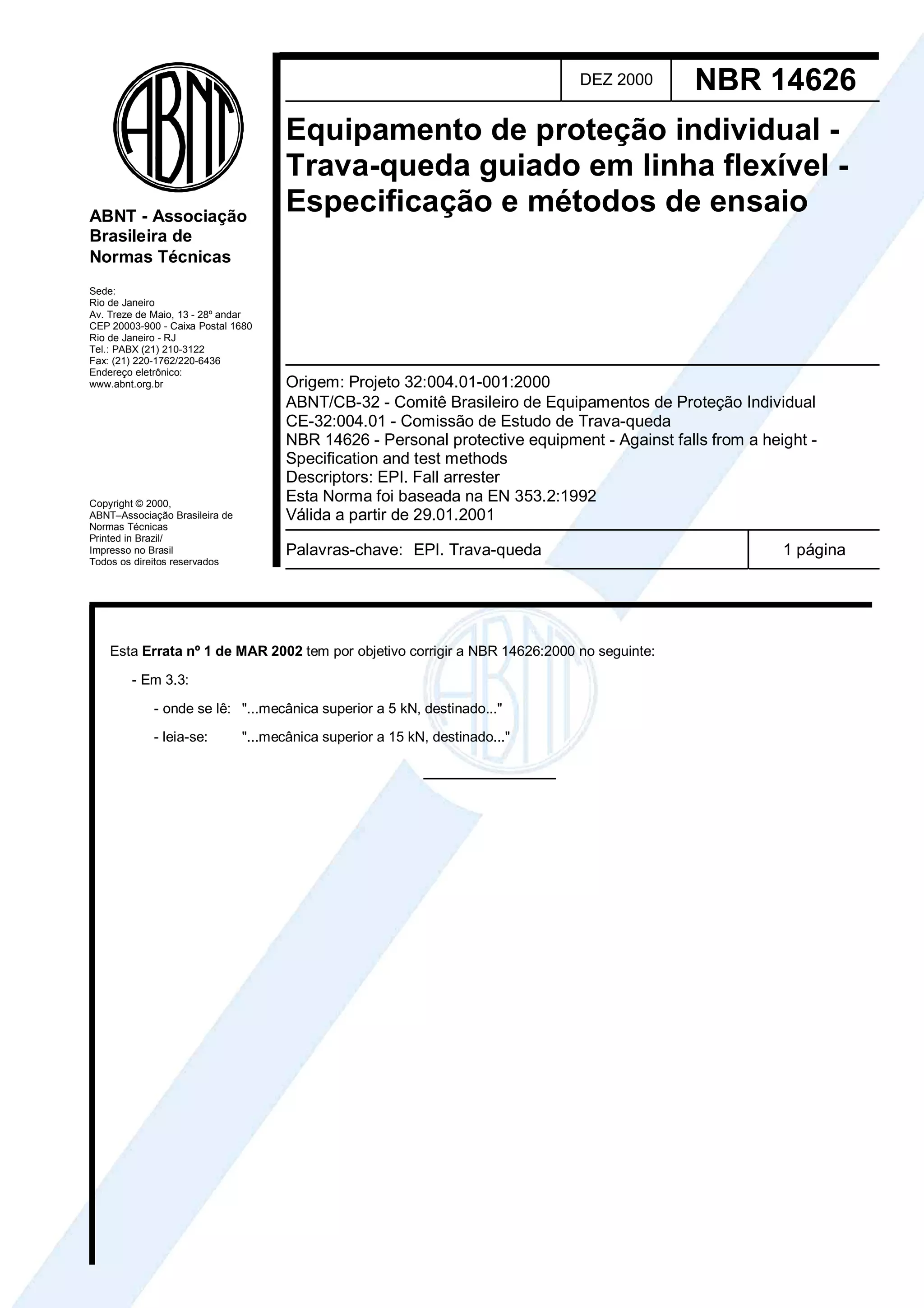 Nbr 14626 2000 - equipamento de proteção individual - trav | PDF