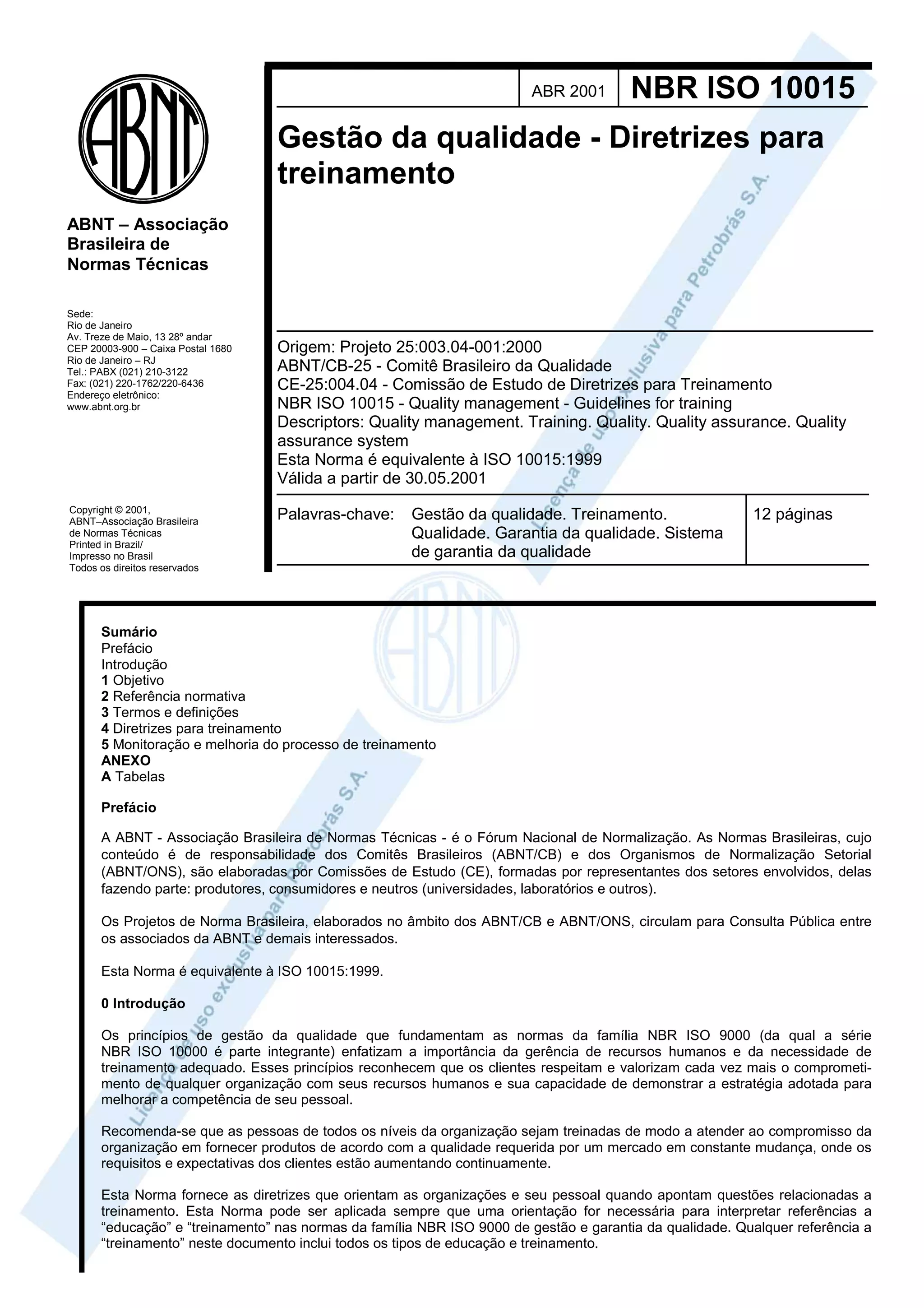 Nbr iso 10015 2001 - diretrizes para treinamento[1] | PDF