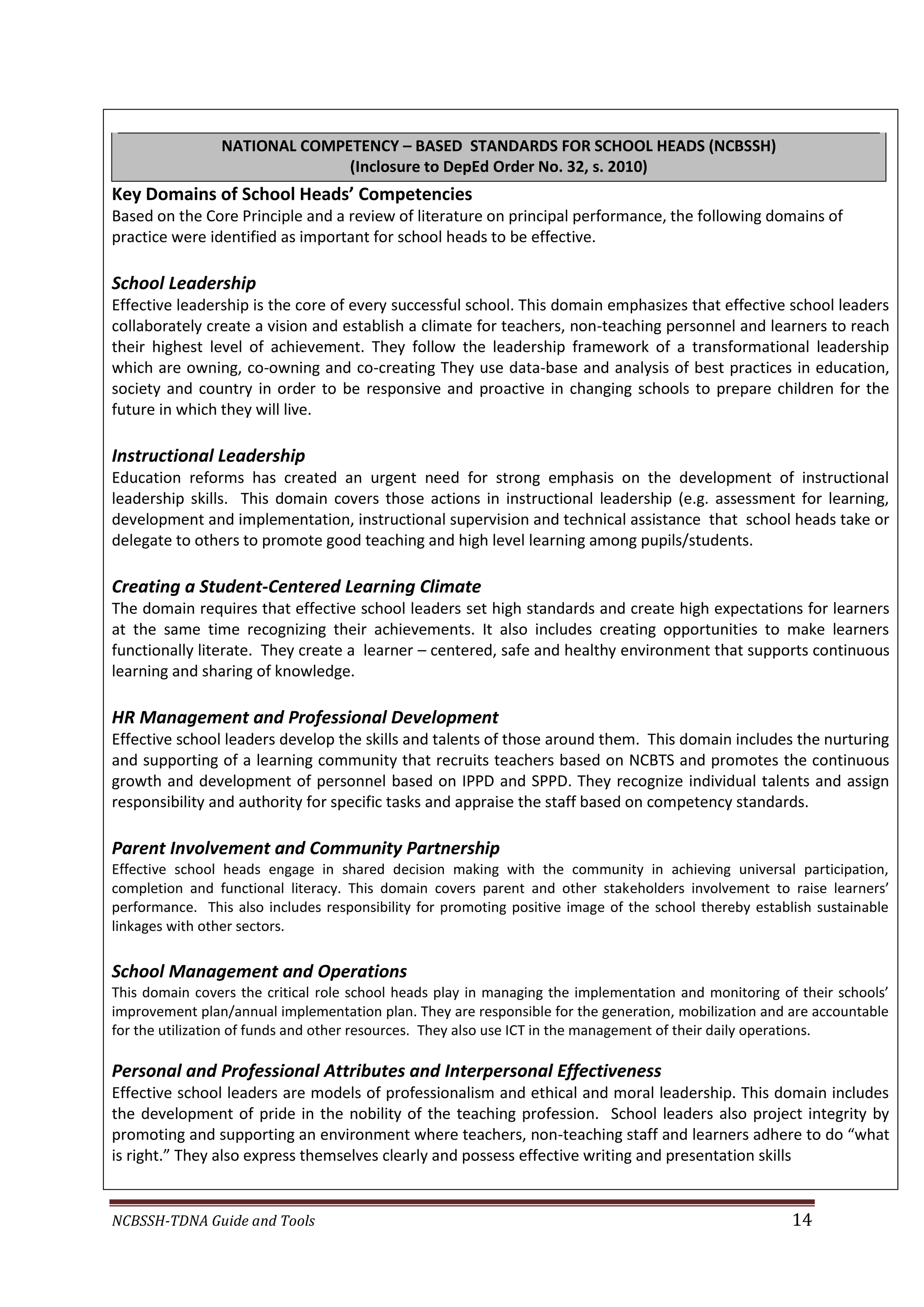 DepEd National Competency-Based Standards for School Heads | PDF