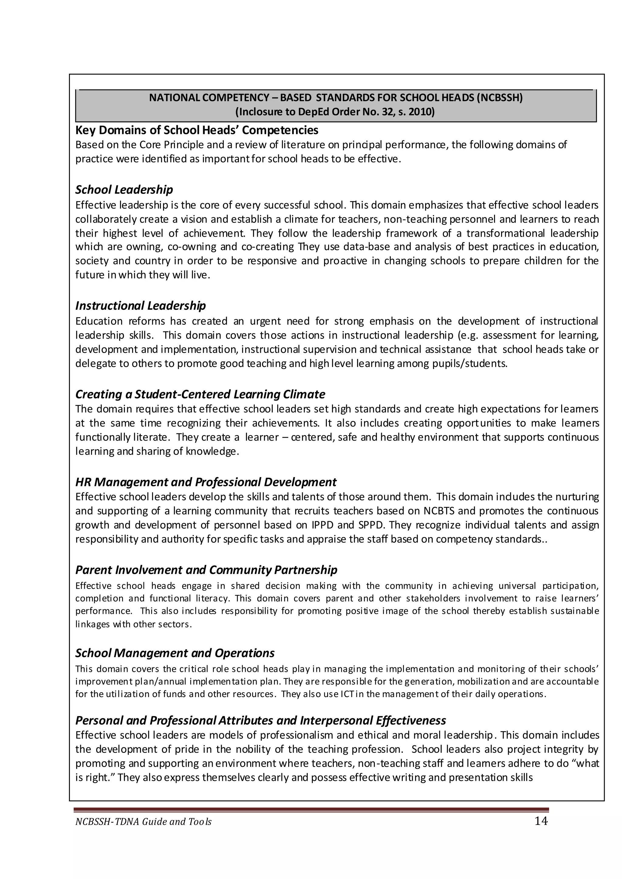 DepEd National Competency-Based Standards for School Heads | PDF