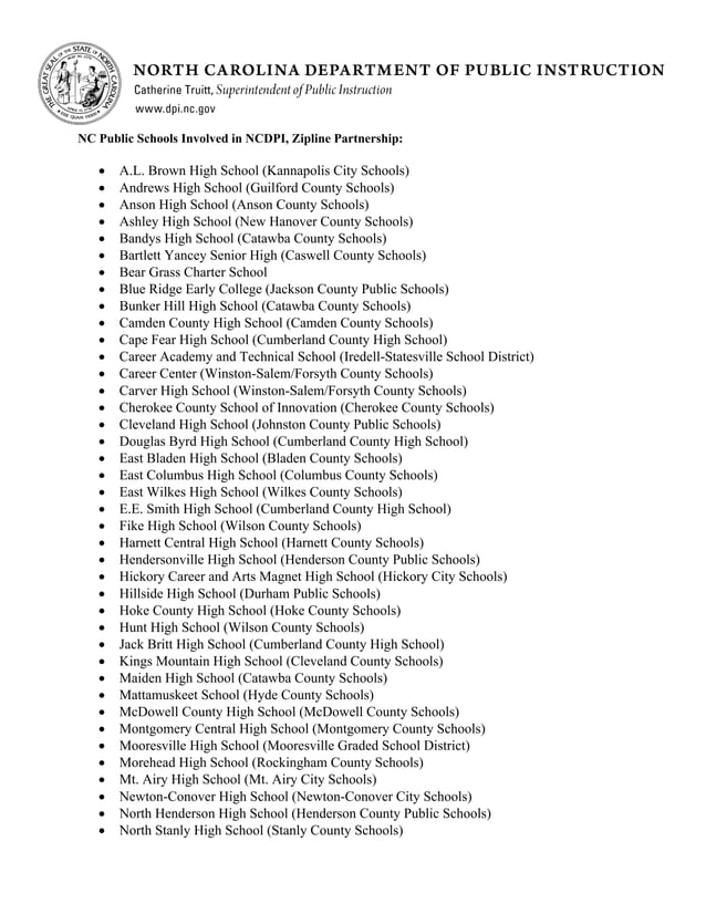 NC Public Schools Involved in NCDPI, Zipline Partnership | PDF ...