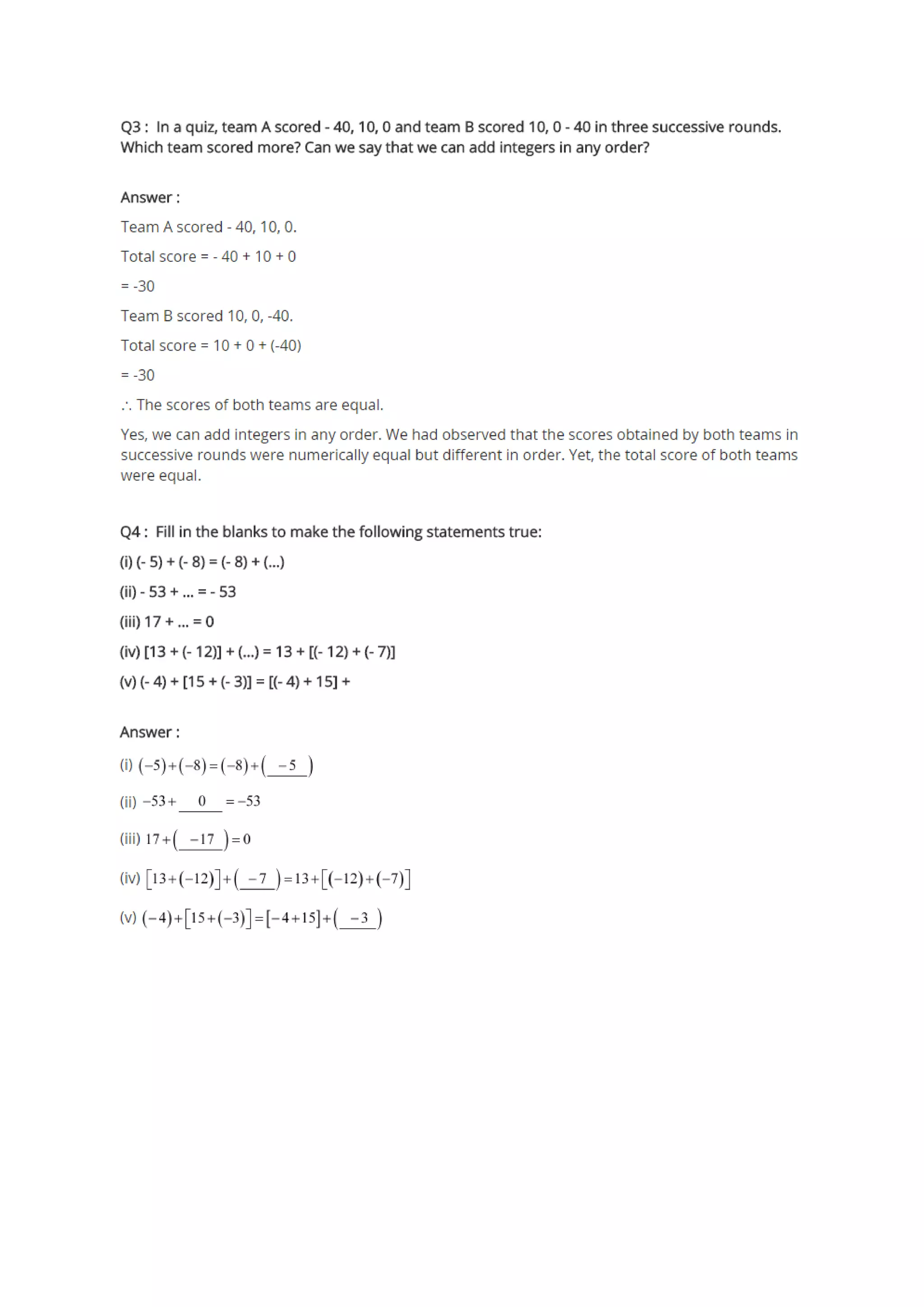 Ncert solutions for class 7 maths chapter 1 integers exercise 1.2 | PDF | Homework and Study ...