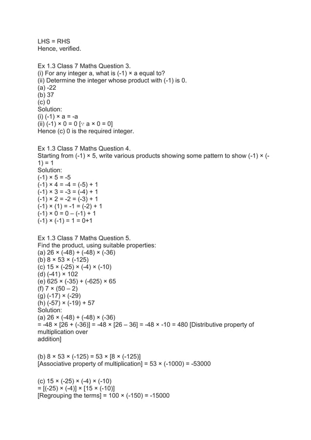 Ncert solutions for class 7 maths chapter 1 integers exercise 1 | PDF ...