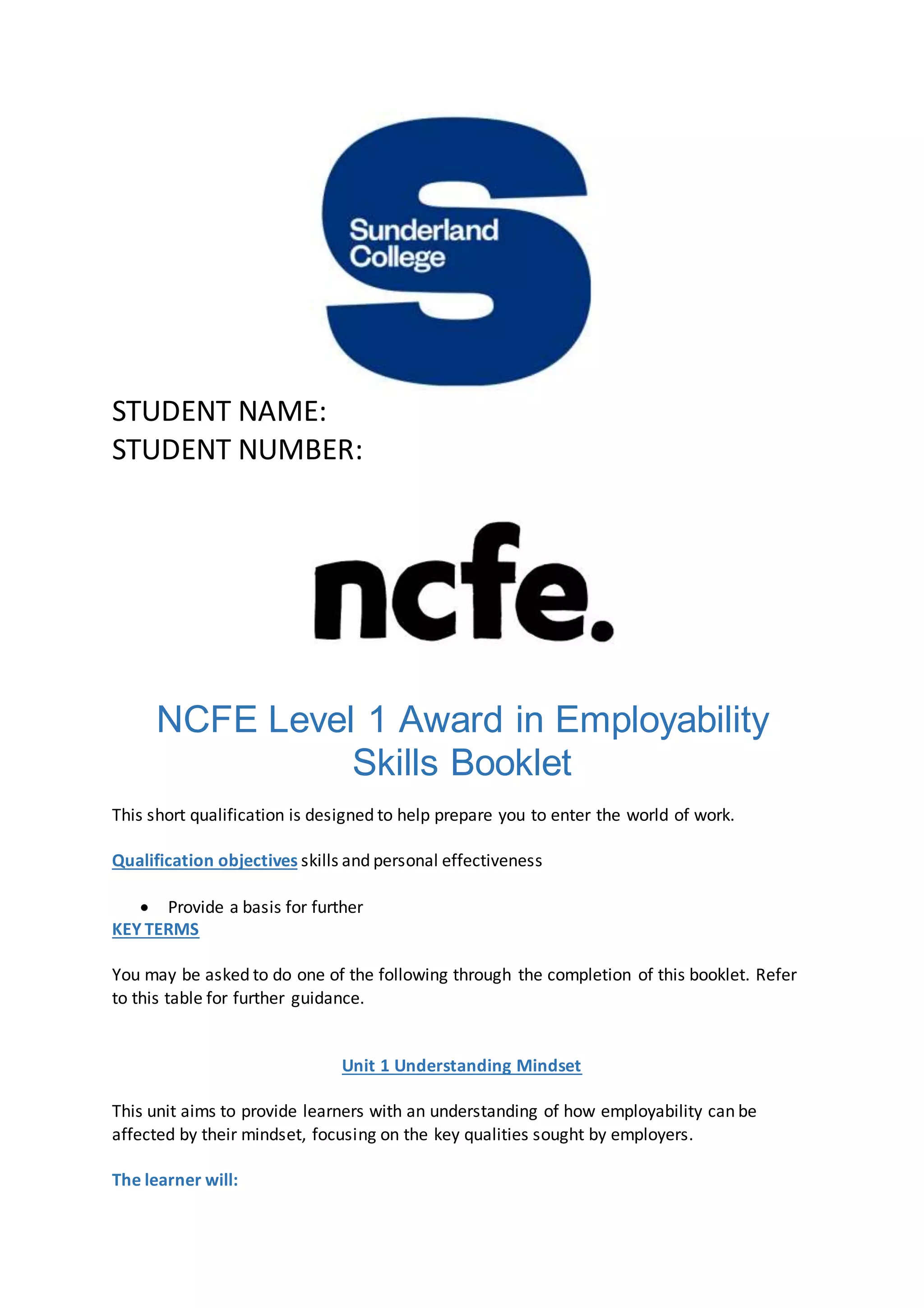Ncfe level 1 award in employability skills booklet | DOCX