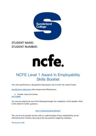 Ncfe level 1 award in employability skills booklet | DOCX