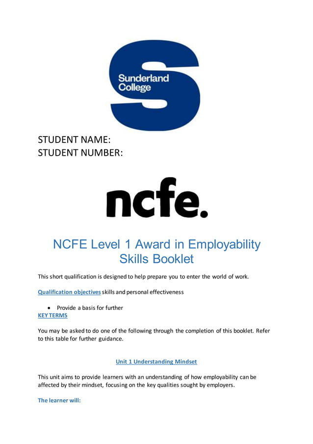 Ncfe level 1 award in employability skills booklet | DOCX