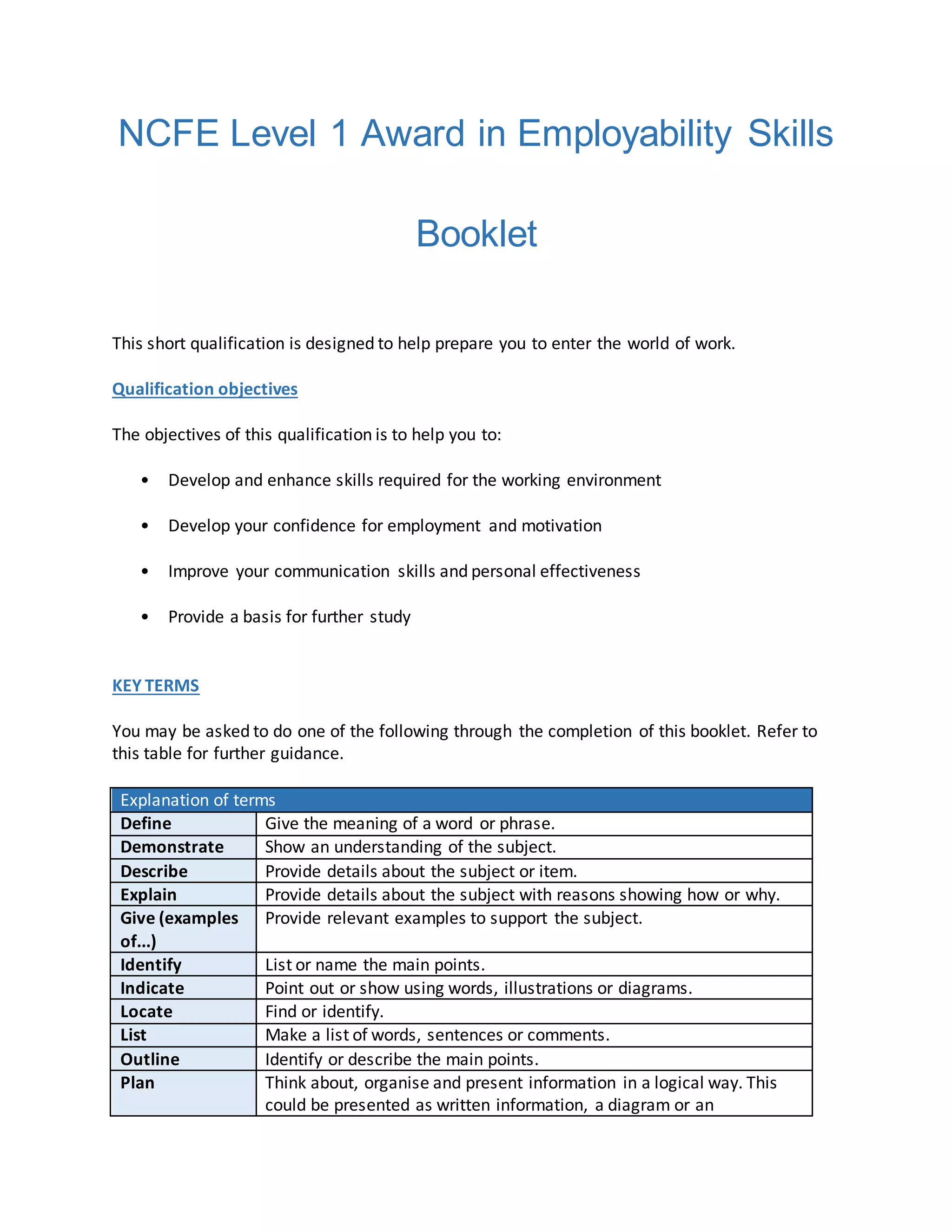 Ncfe level 1 award in employability skills booklet complete | DOCX