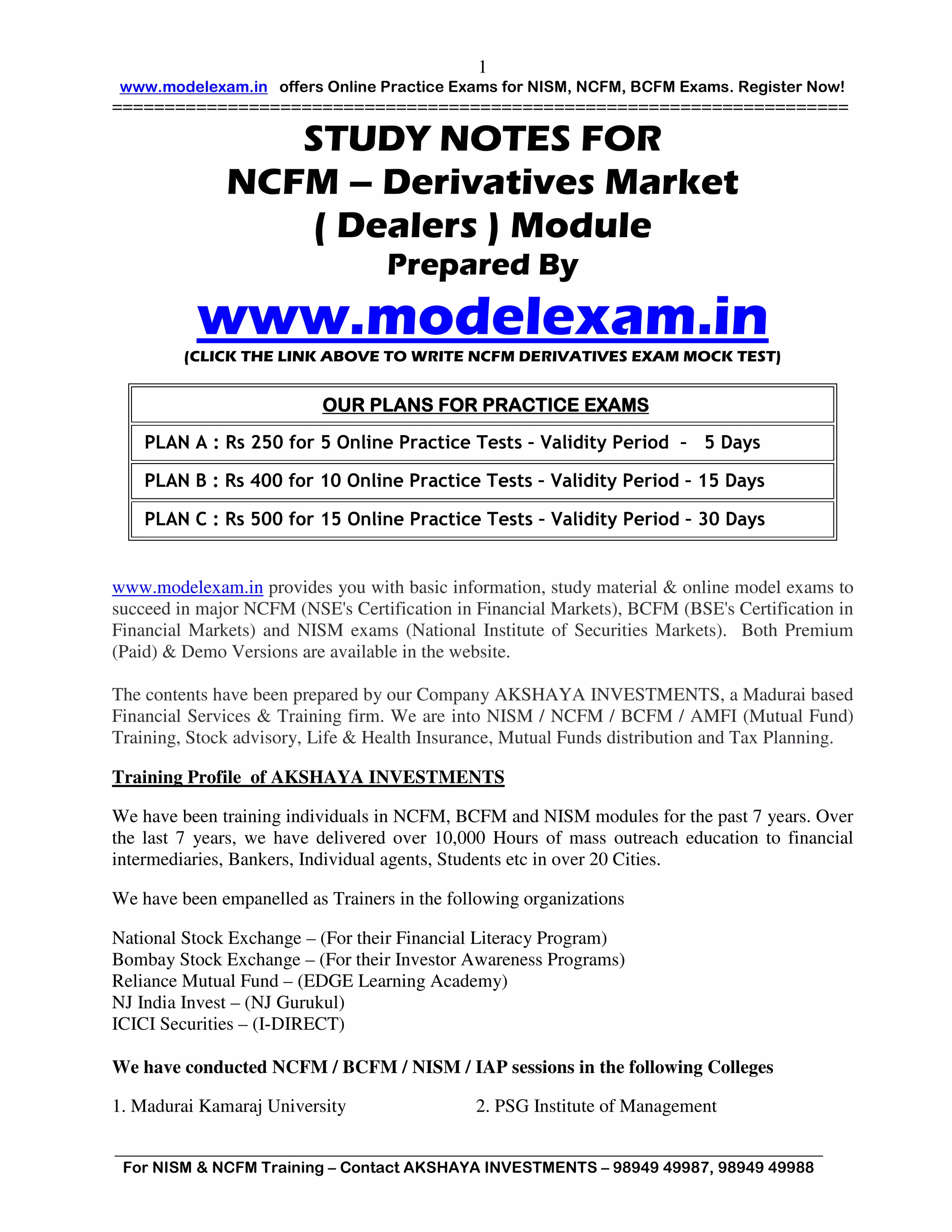 Study Notes (20 Pages) | NCFM Derivatives Market Dealers Module (DMDM ...