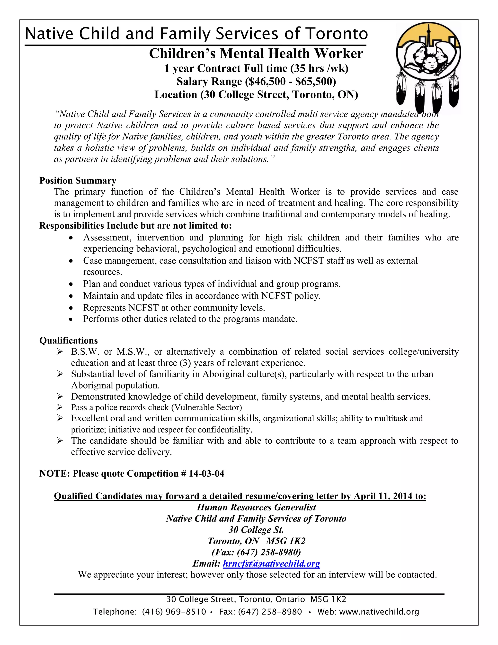 JOB POSTING: NCFST - Children's Mental Health Worker (12 Month Contract ...
