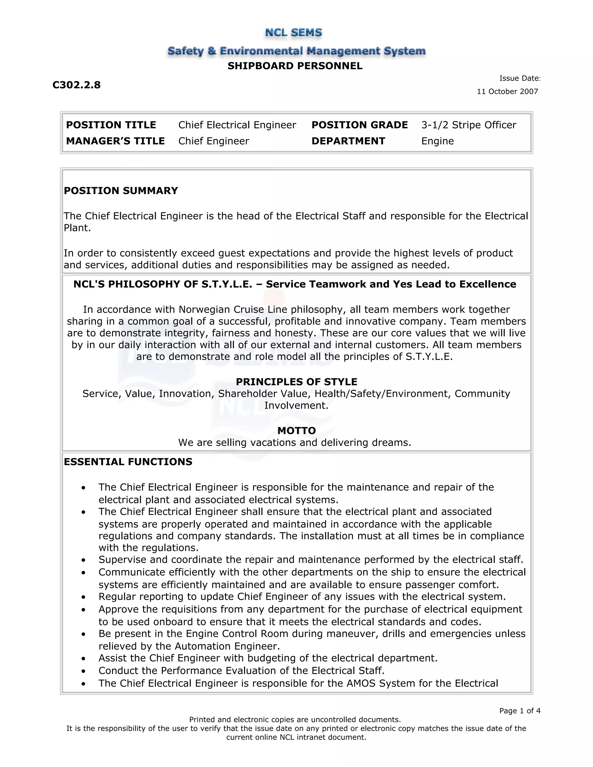 NCL job description Chief electrical engineer | DOC