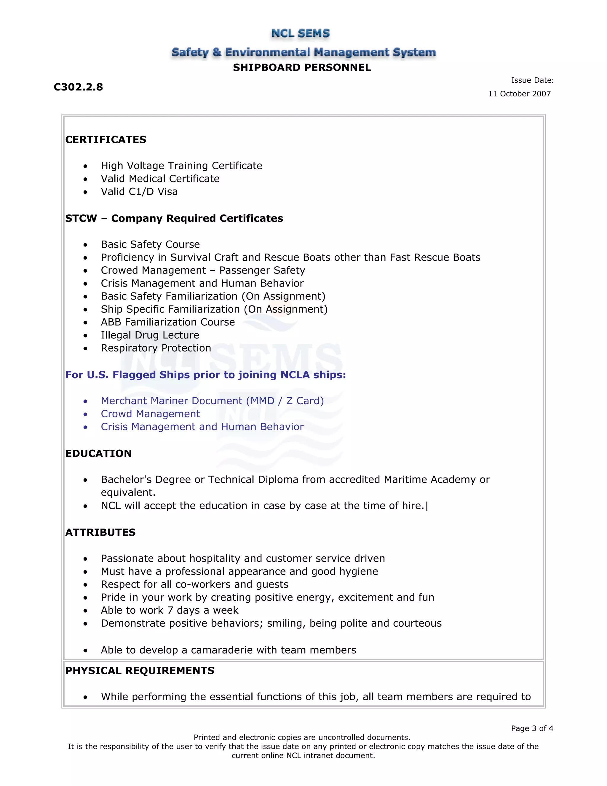 NCL job description Chief electrical engineer | DOC