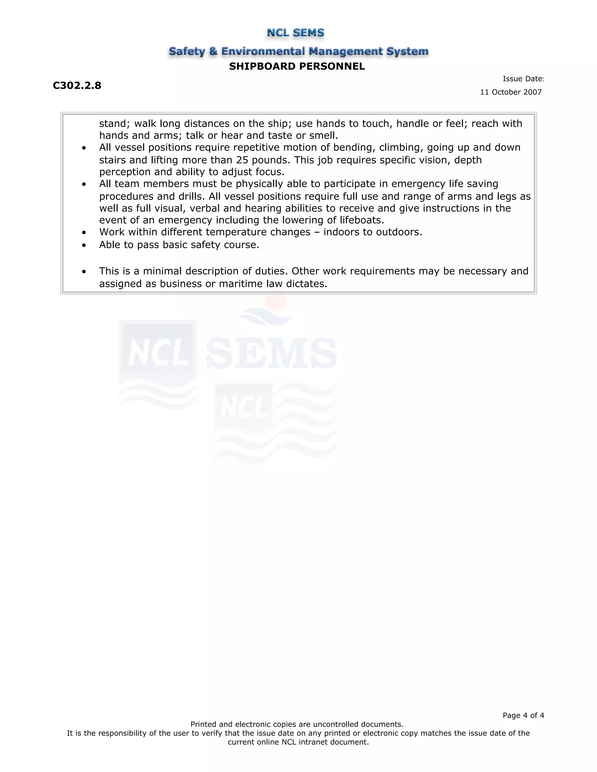 NCL job description Chief electrical engineer | DOC