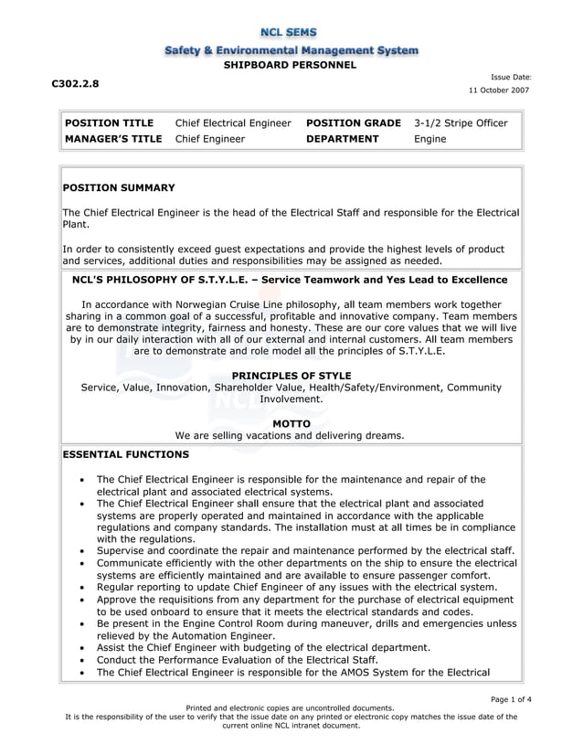 NCL job description Chief electrical engineer | PDF