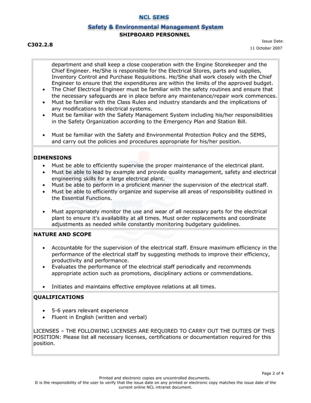 NCL job description Chief electrical engineer | PDF
