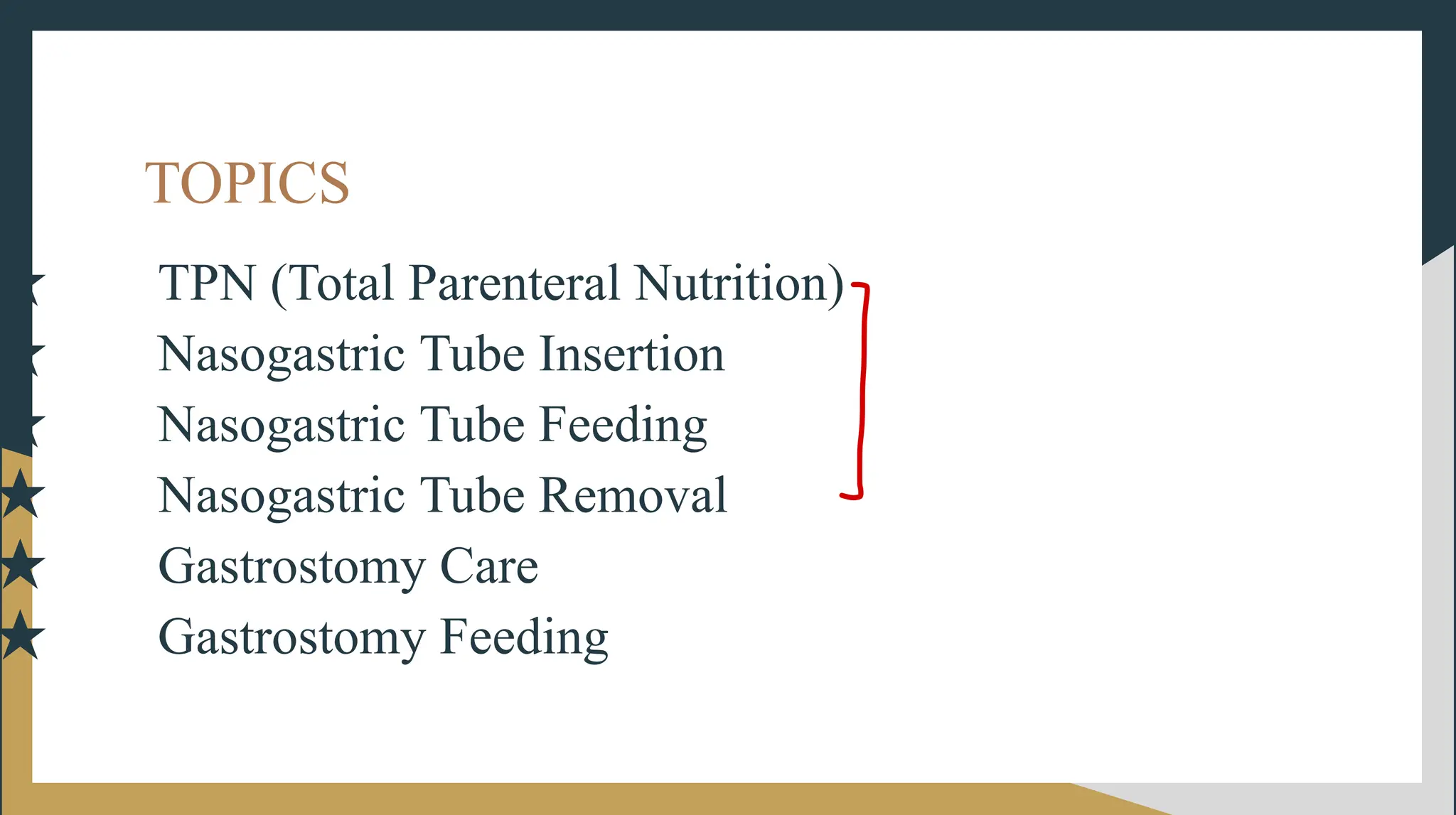 TOPICS TPN (Total Parenteral Nutrition)I Nasogastric Tube Insertion ...