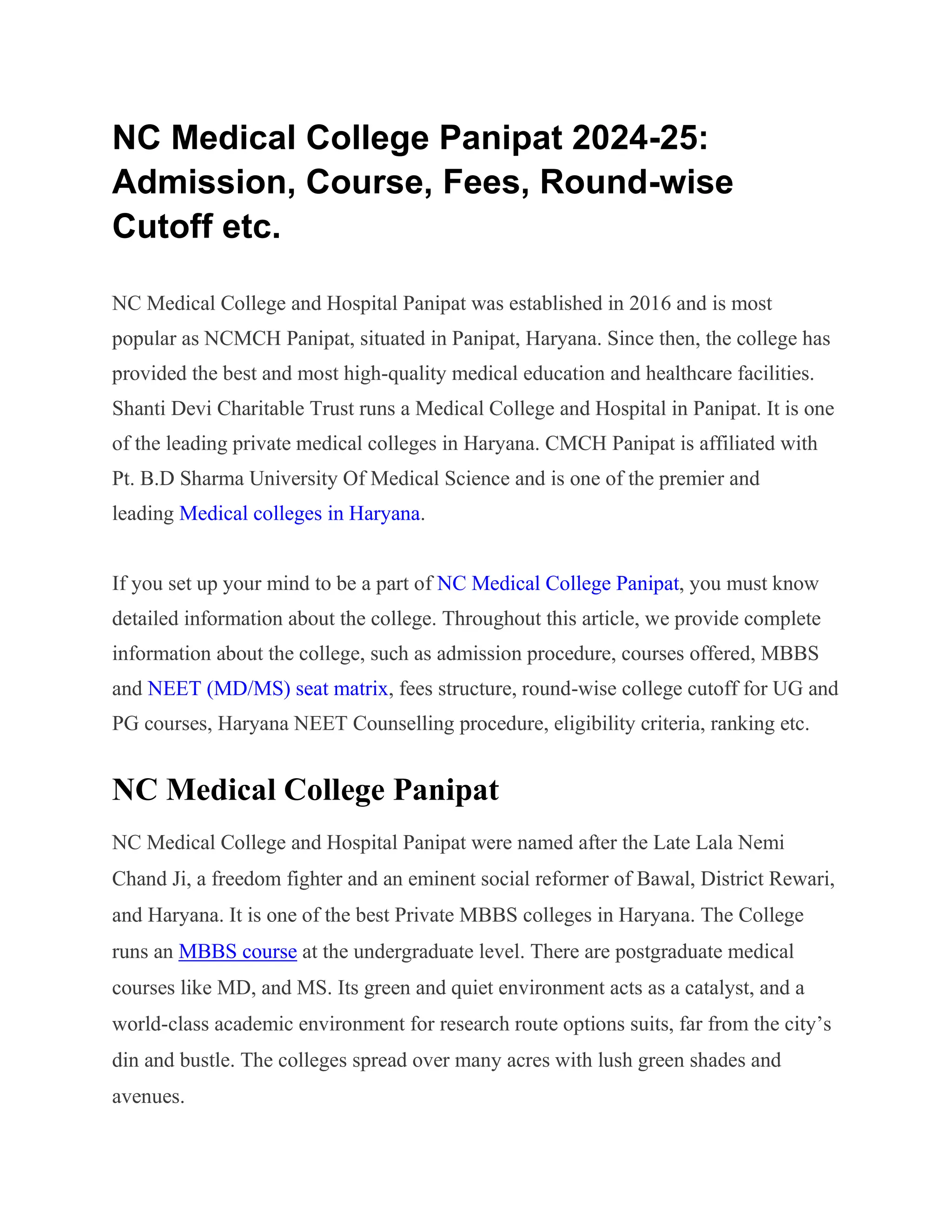 NC Medical College Panipat Admission Open For 2024 Intake | PDF