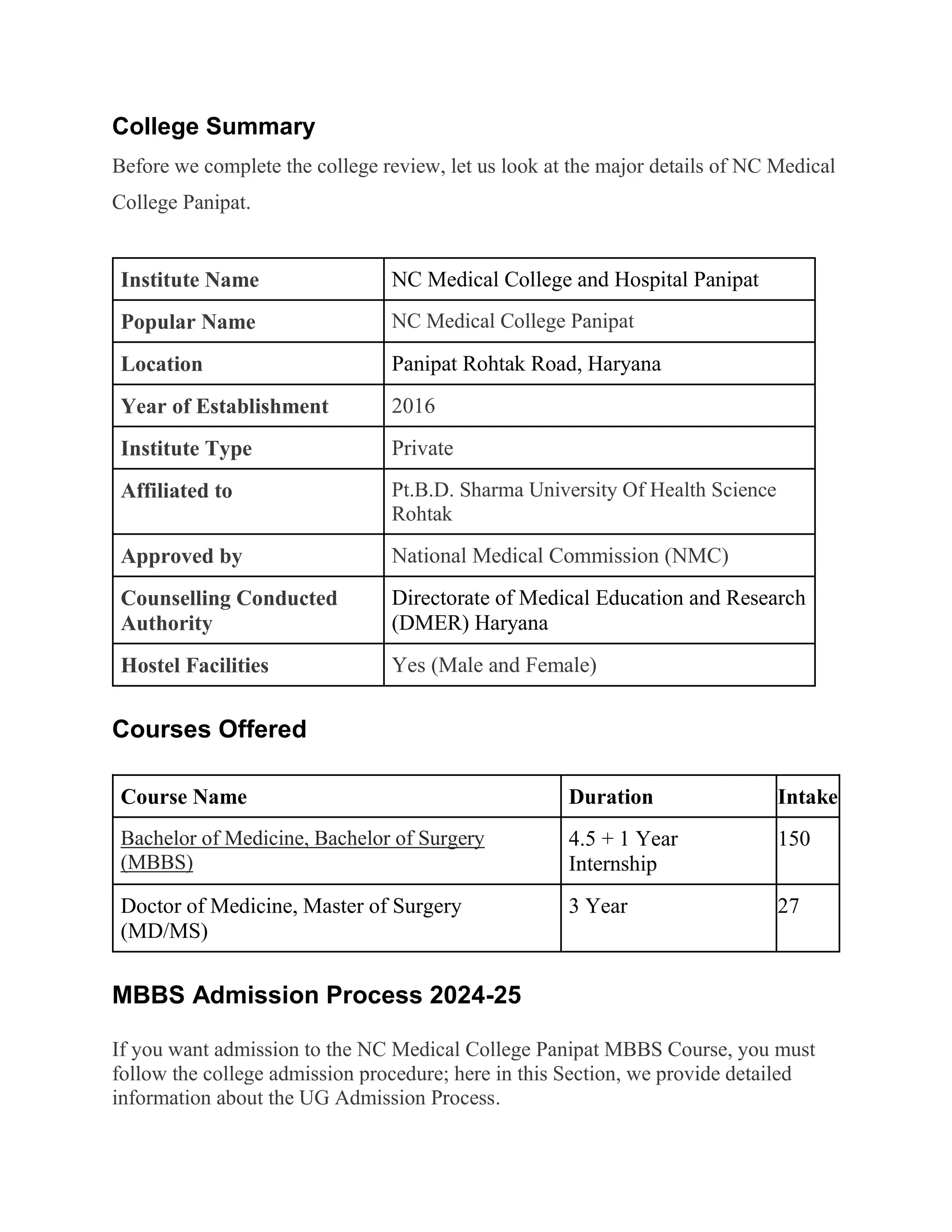 NC Medical College Panipat Admission Open For 2024 Intake | PDF