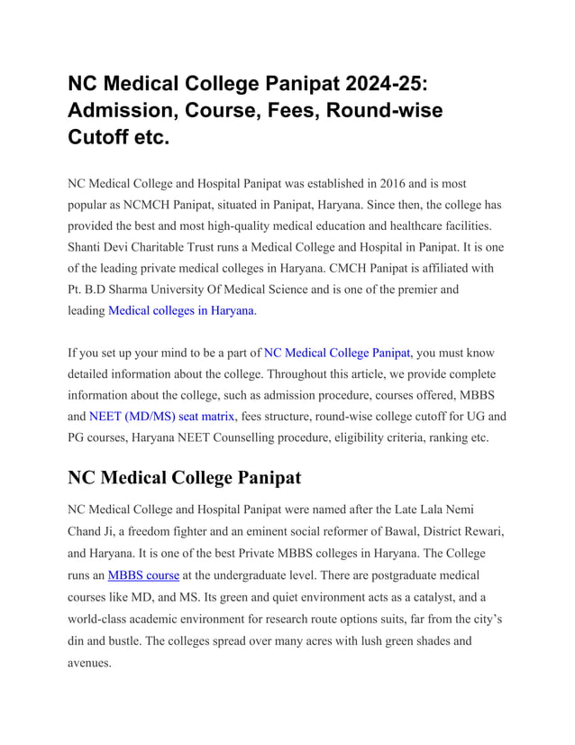NC Medical College Panipat Admission Open For 2024 Intake | PDF ...