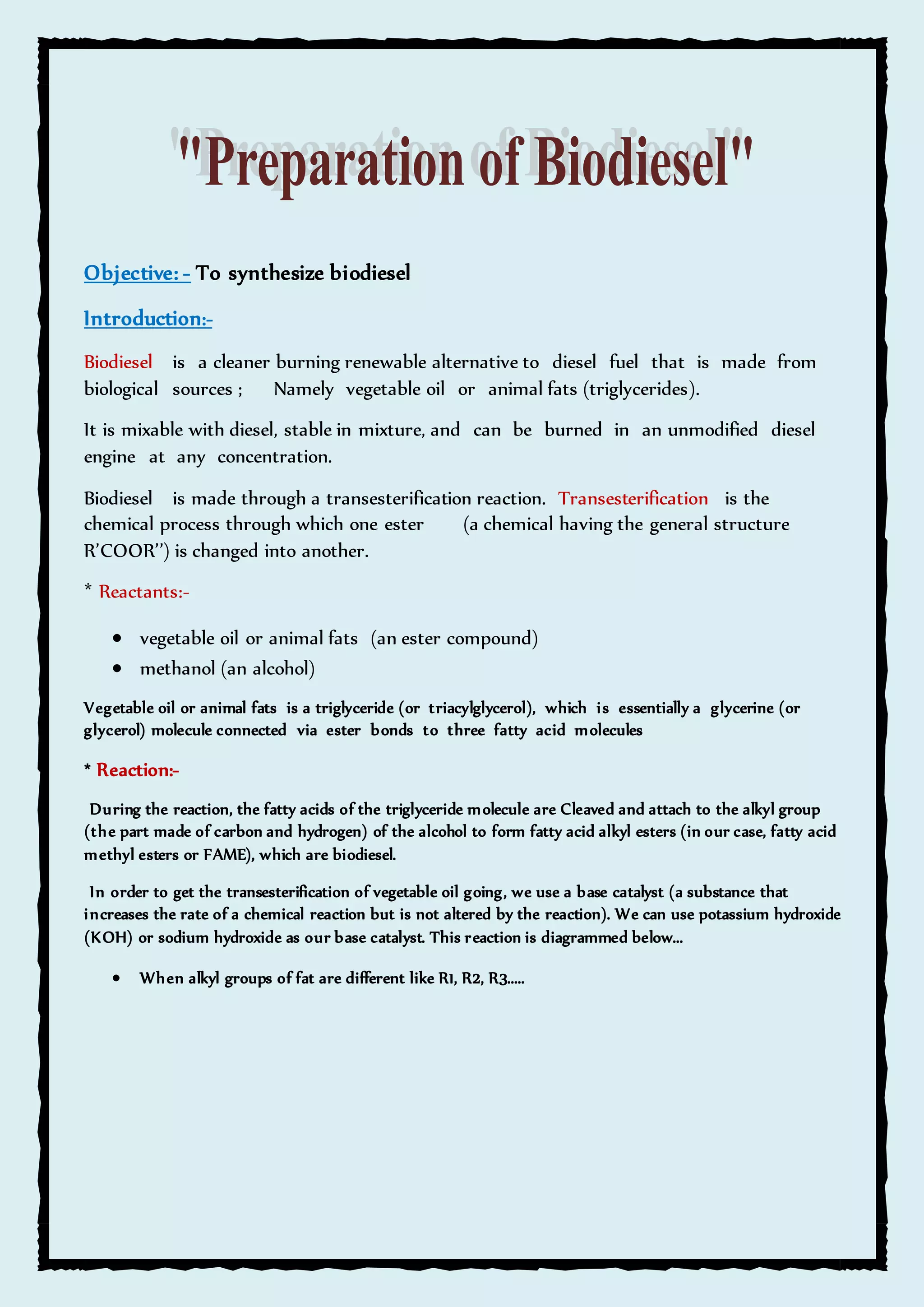 laboratory preparation of biodiesel | DOCX | Chemistry | Science