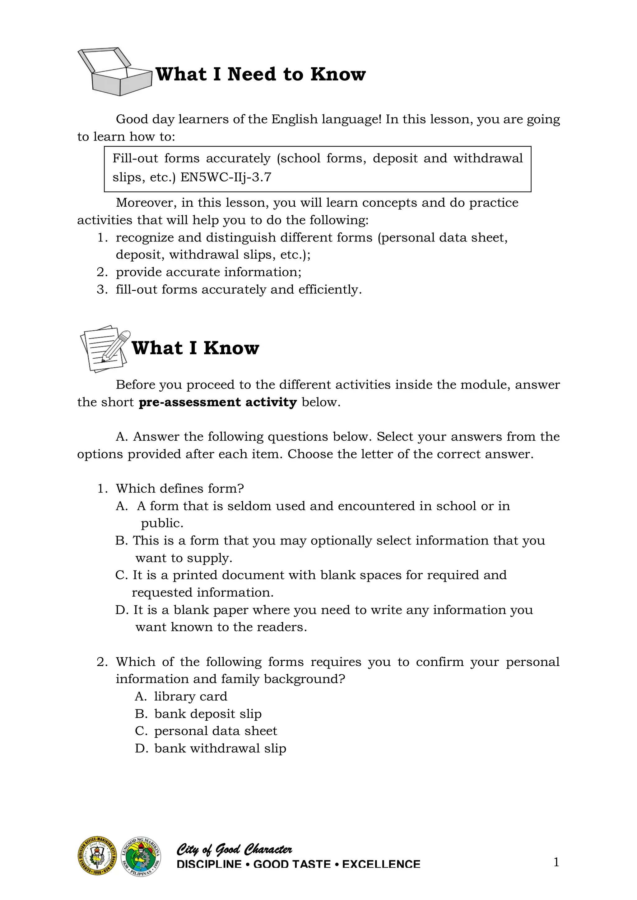 English 5 Module First Quarter - Module 1 | PDF
