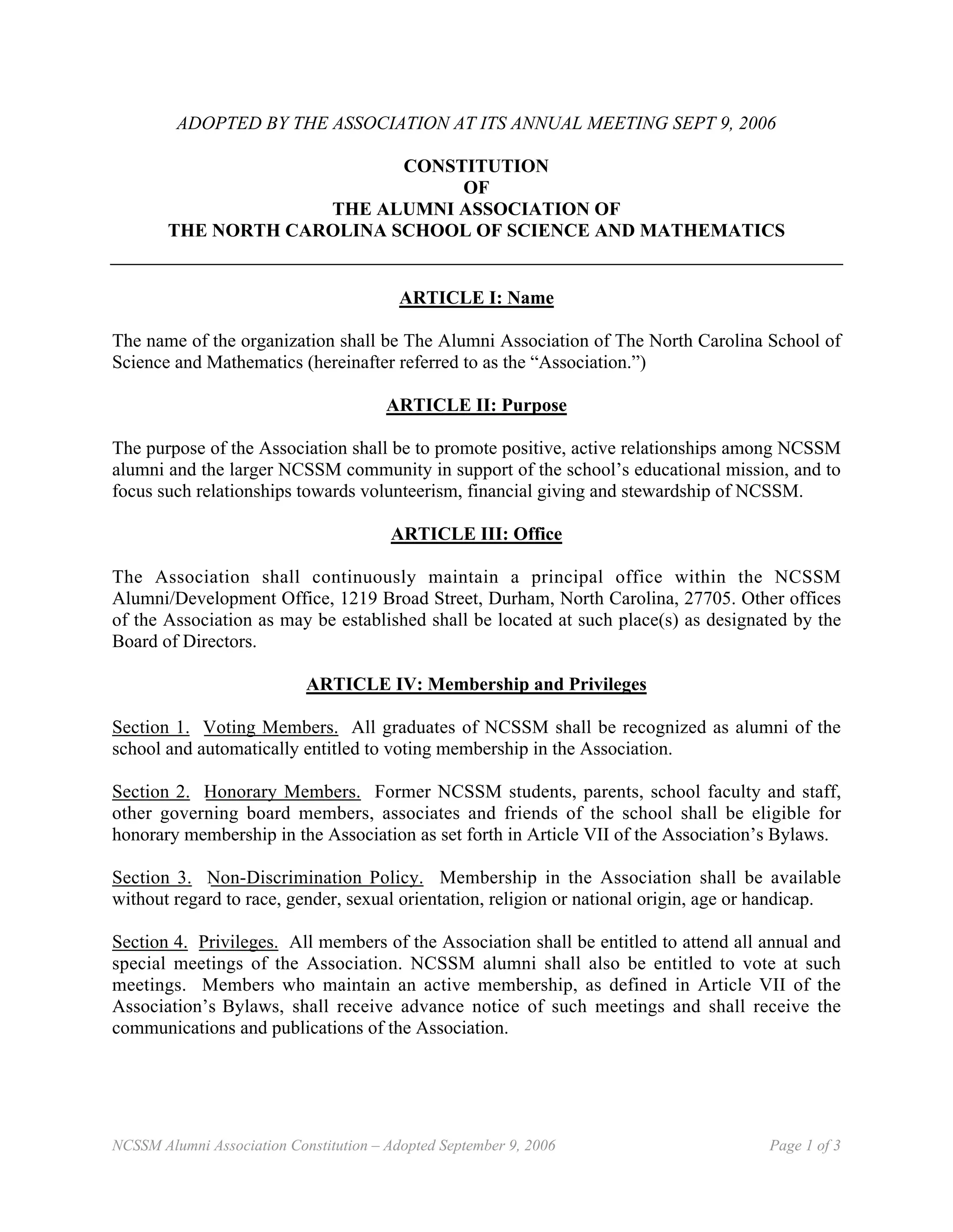 NCSSM Alumni Association Constitution | PDF