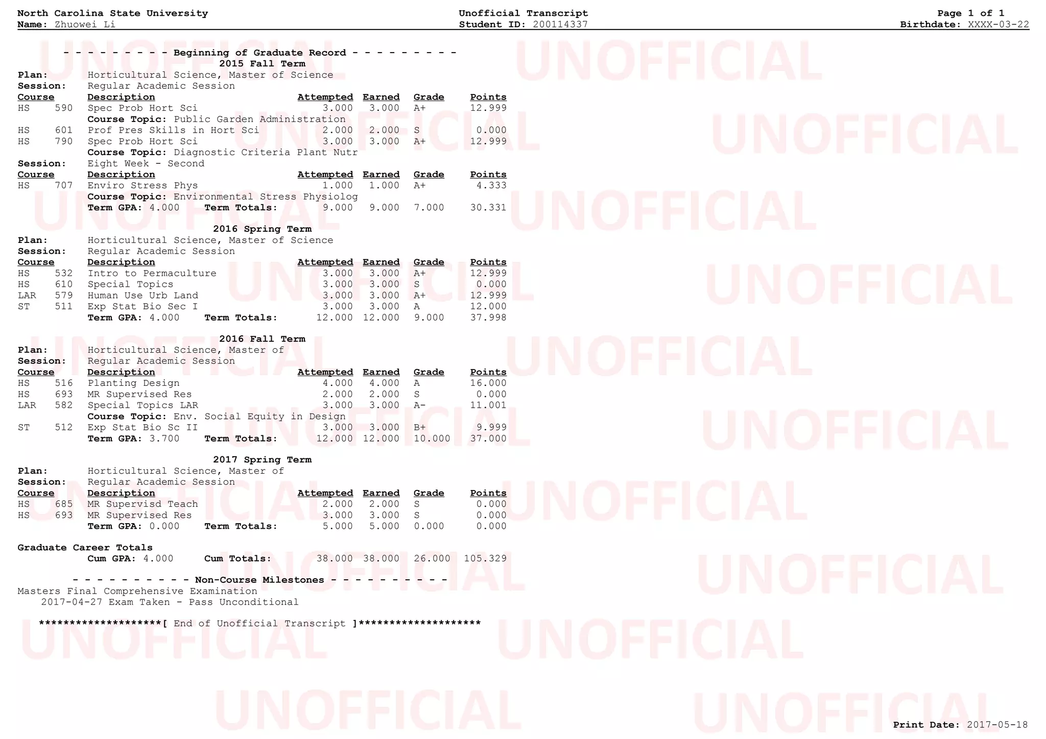 NCSU Transcript_Zhuowei Li | PPT