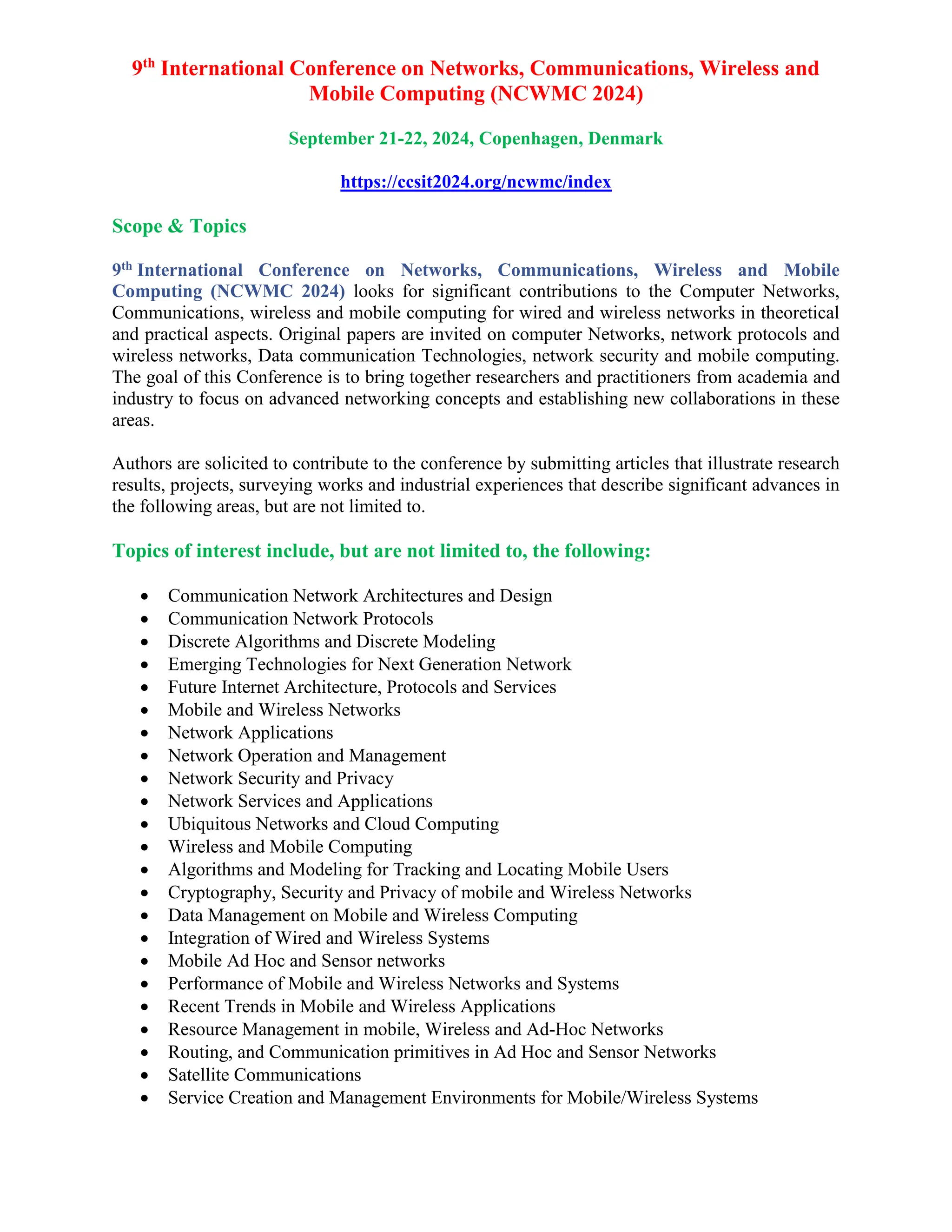 9th International Conference on Networks, Communications, Wireless and Mobile Computing (NCWMC ...