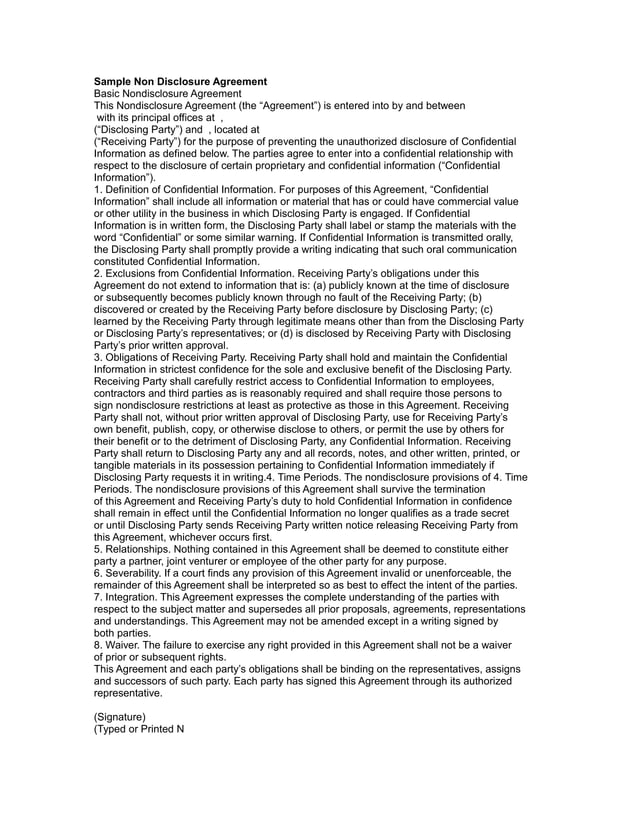 Sample Non Disclosure Agreement | PDF