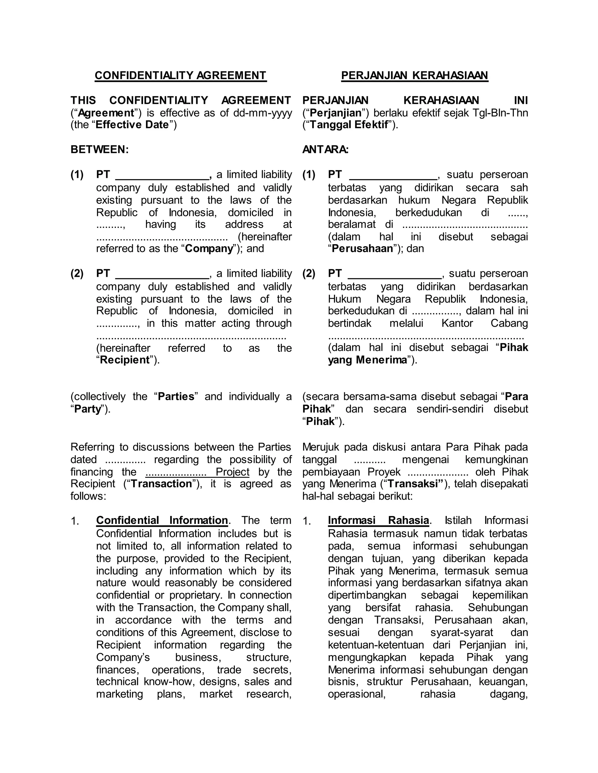 Perjanjian Kerahasiaan Bilingual / Non Disclosure Agreement (Purchase ...