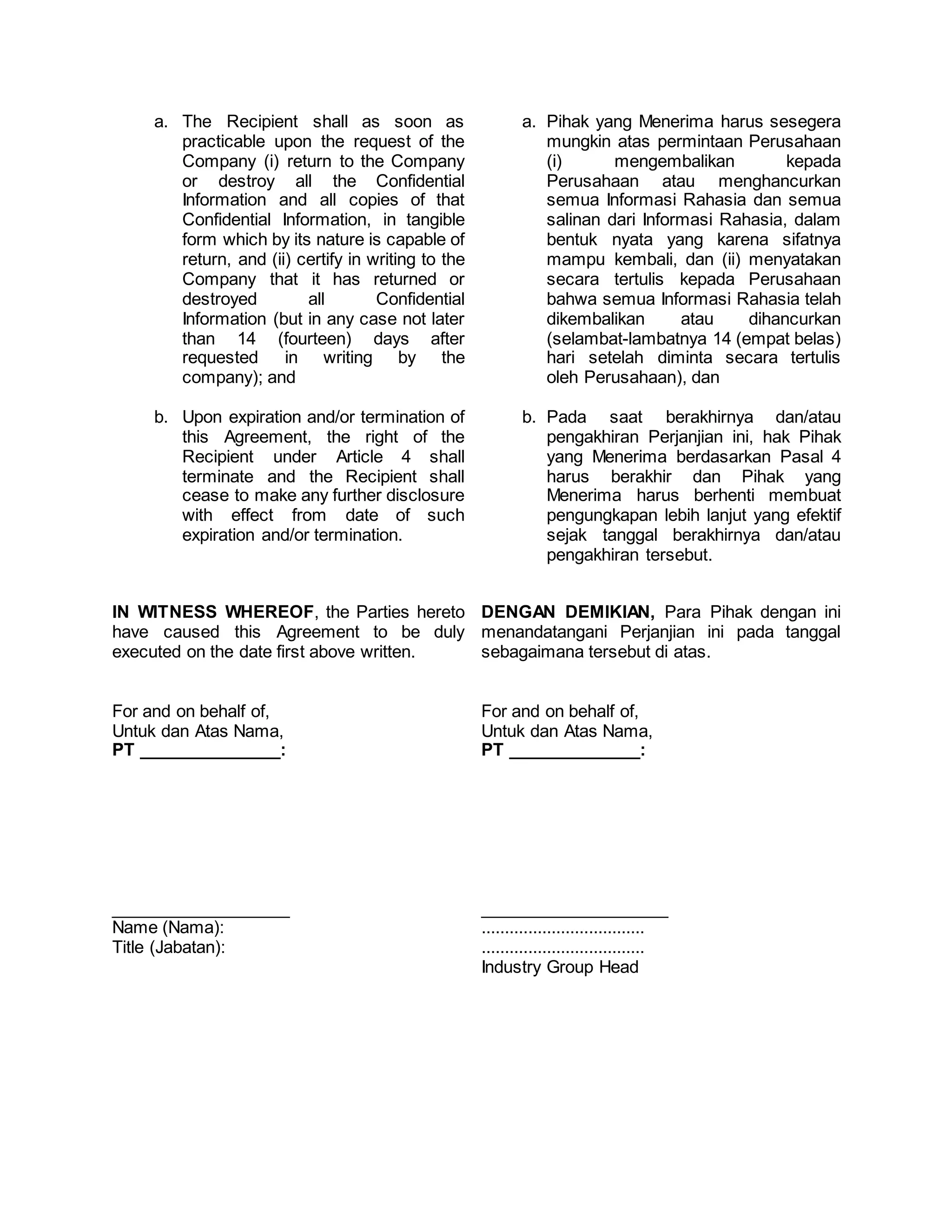 Perjanjian Kerahasiaan Bilingual / Non Disclosure Agreement (Purchase ...