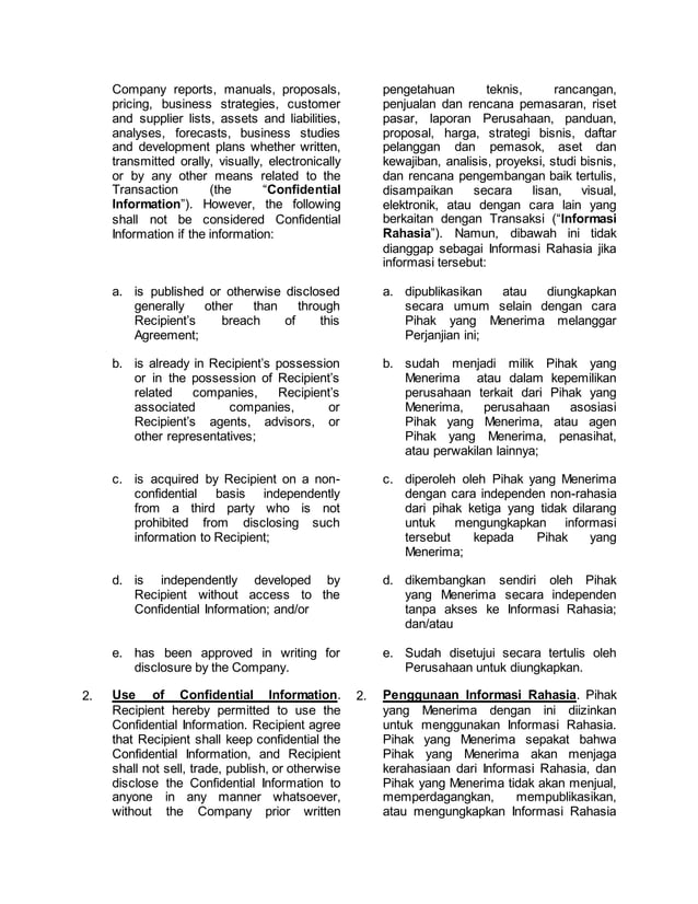 Perjanjian Kerahasiaan Bilingual / Non Disclosure Agreement (Purchase ...