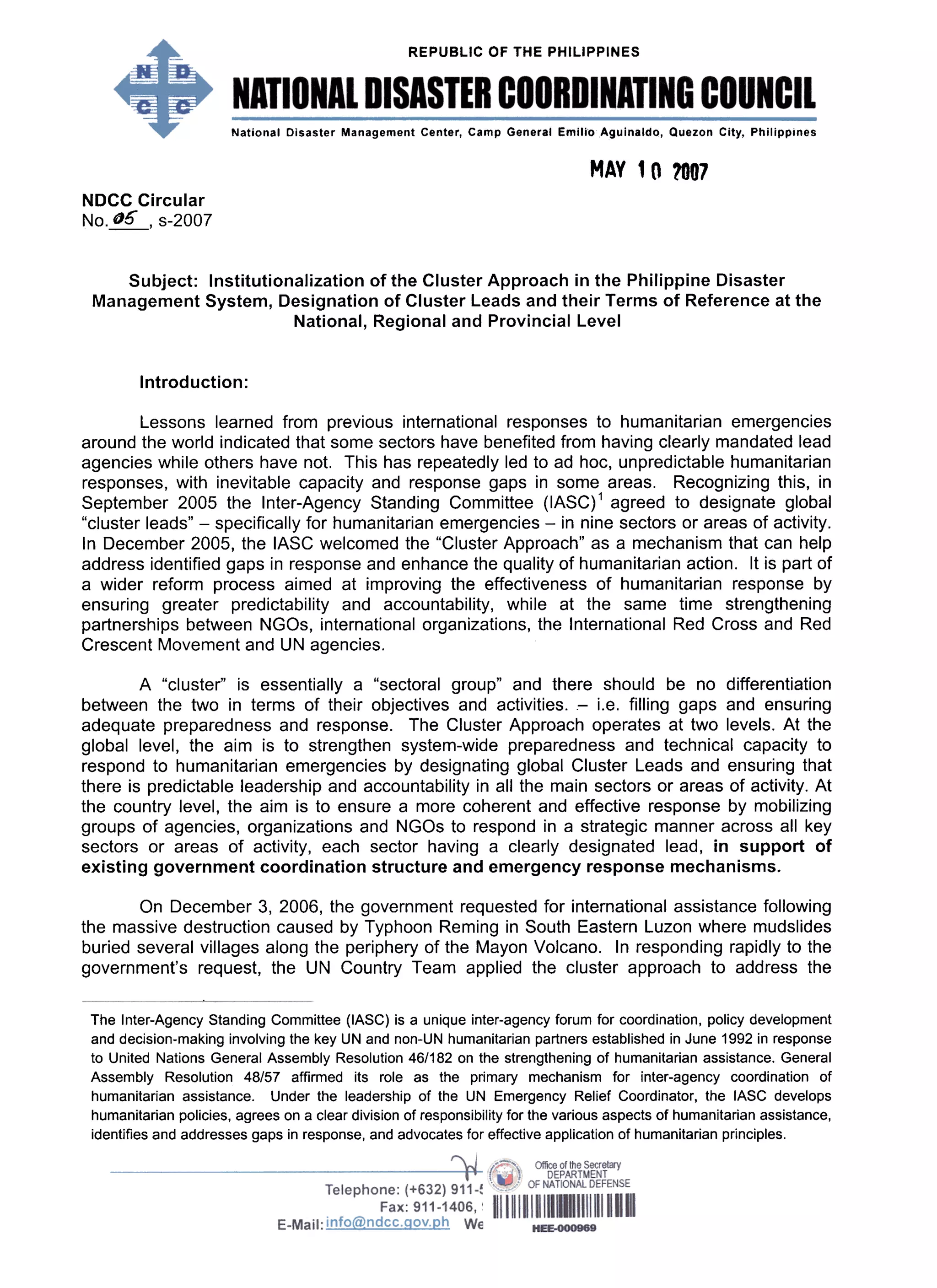 NDCC Memo Circular No. 05 s 2007 (2) Cluster Approach | PDF