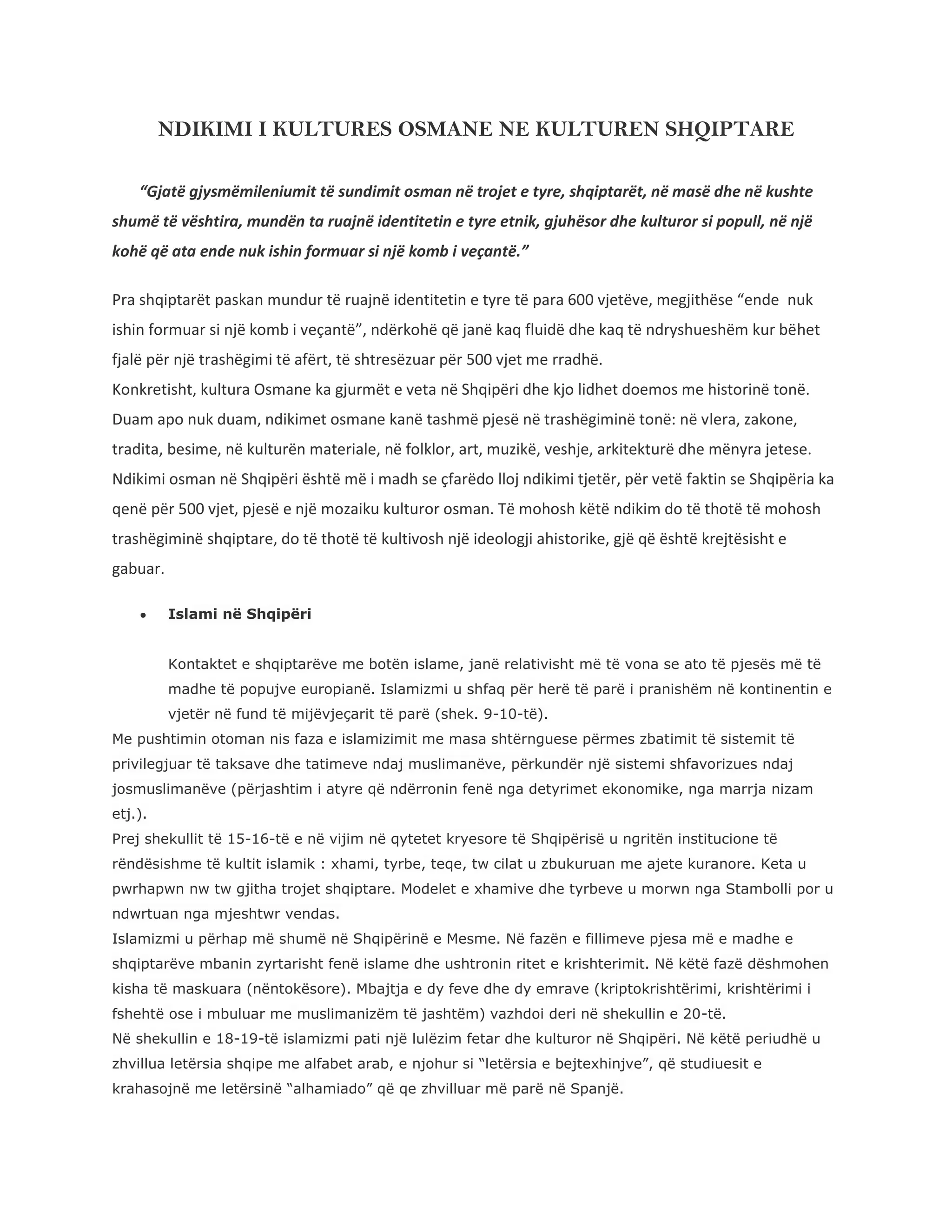 Ndikimi i kultures osmane ne kulturen shqiptare | DOCX