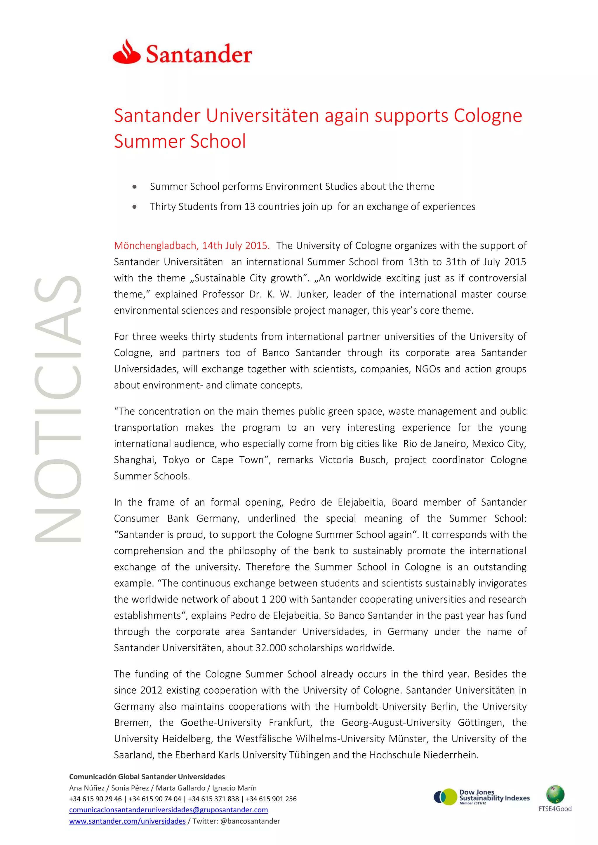 Santander Universitäten again supports Cologne Summer School | PDF ...